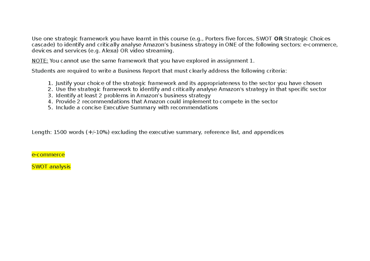 Individual Report PLAN - Use one strategic framework you have learnt in ...