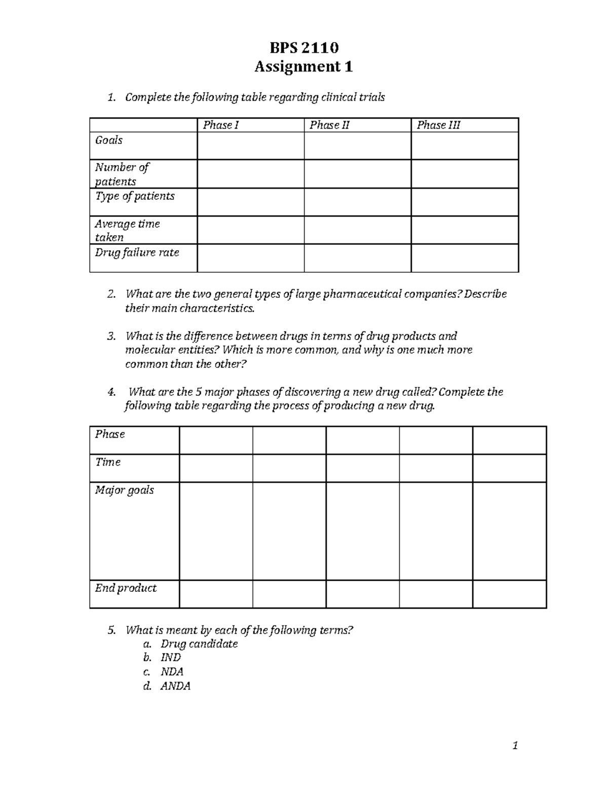 BPS 2110 assign 1 2020 - 1 BPS 2110 Assignment 1 Complete the following ...