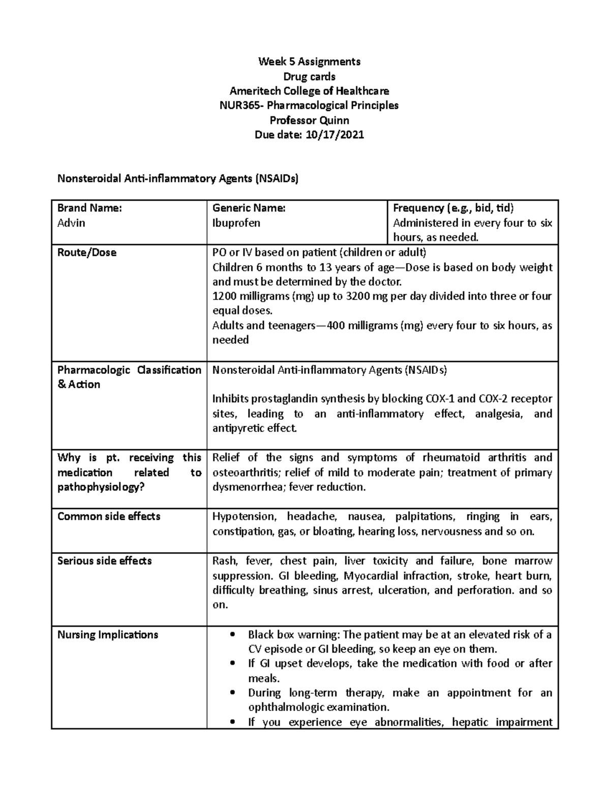 Ameritech Drug Study Template 3 - Week 5 Assignments Drug cards ...