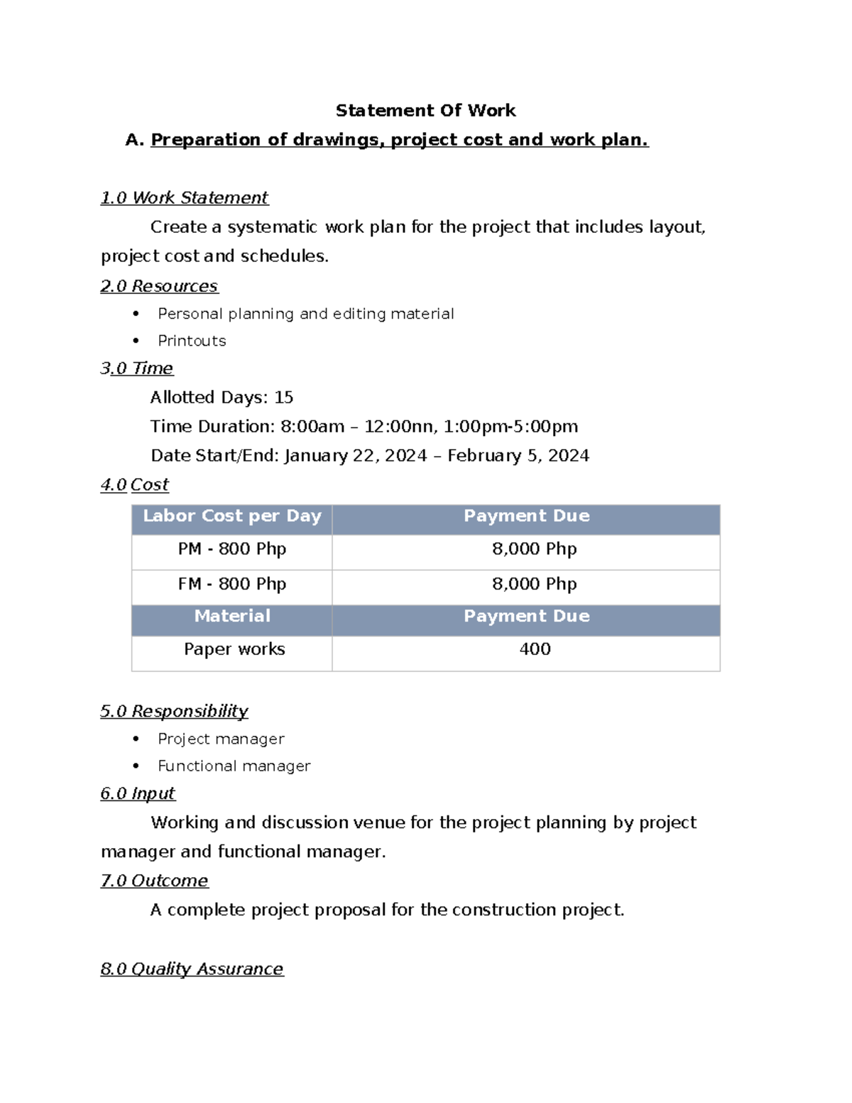 Statement Of Work - Preparation of drawings, project cost and work plan ...
