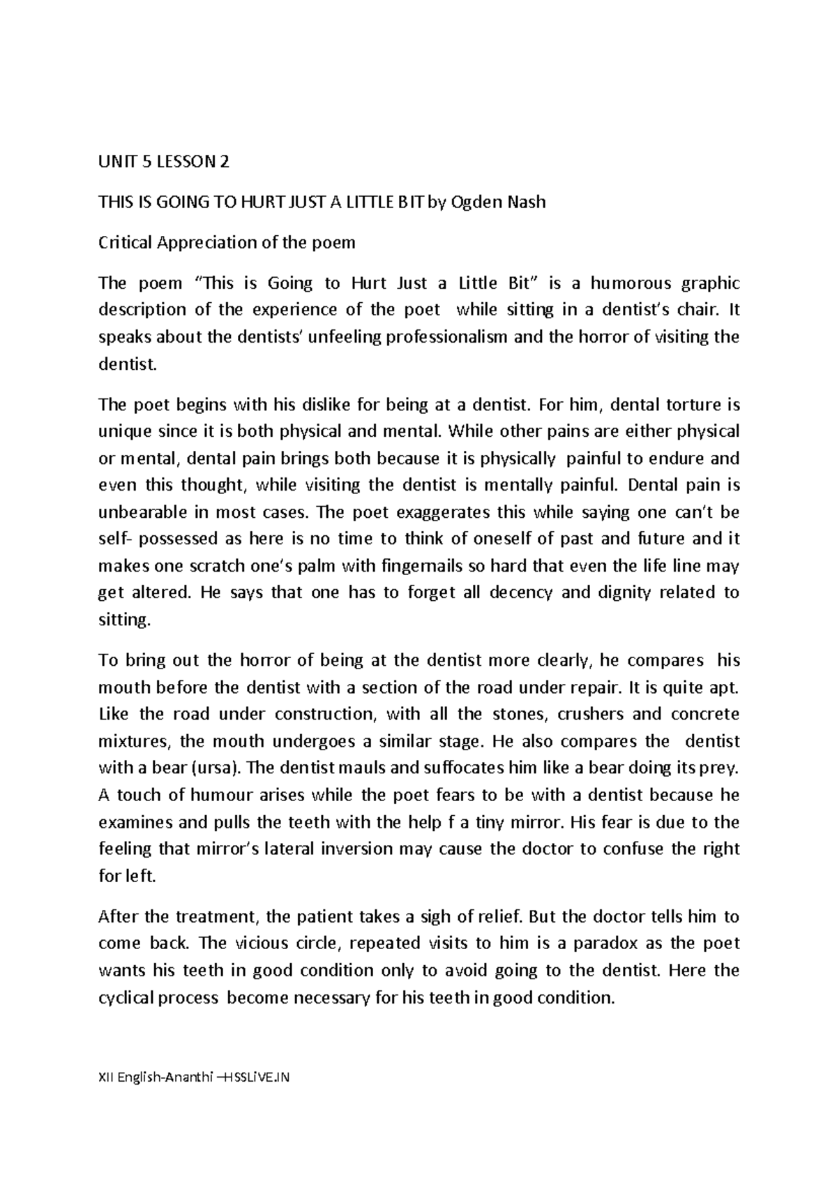 THIS IS Going TO HURT JUST A Little BIT by Ogden Nash - XII English ...