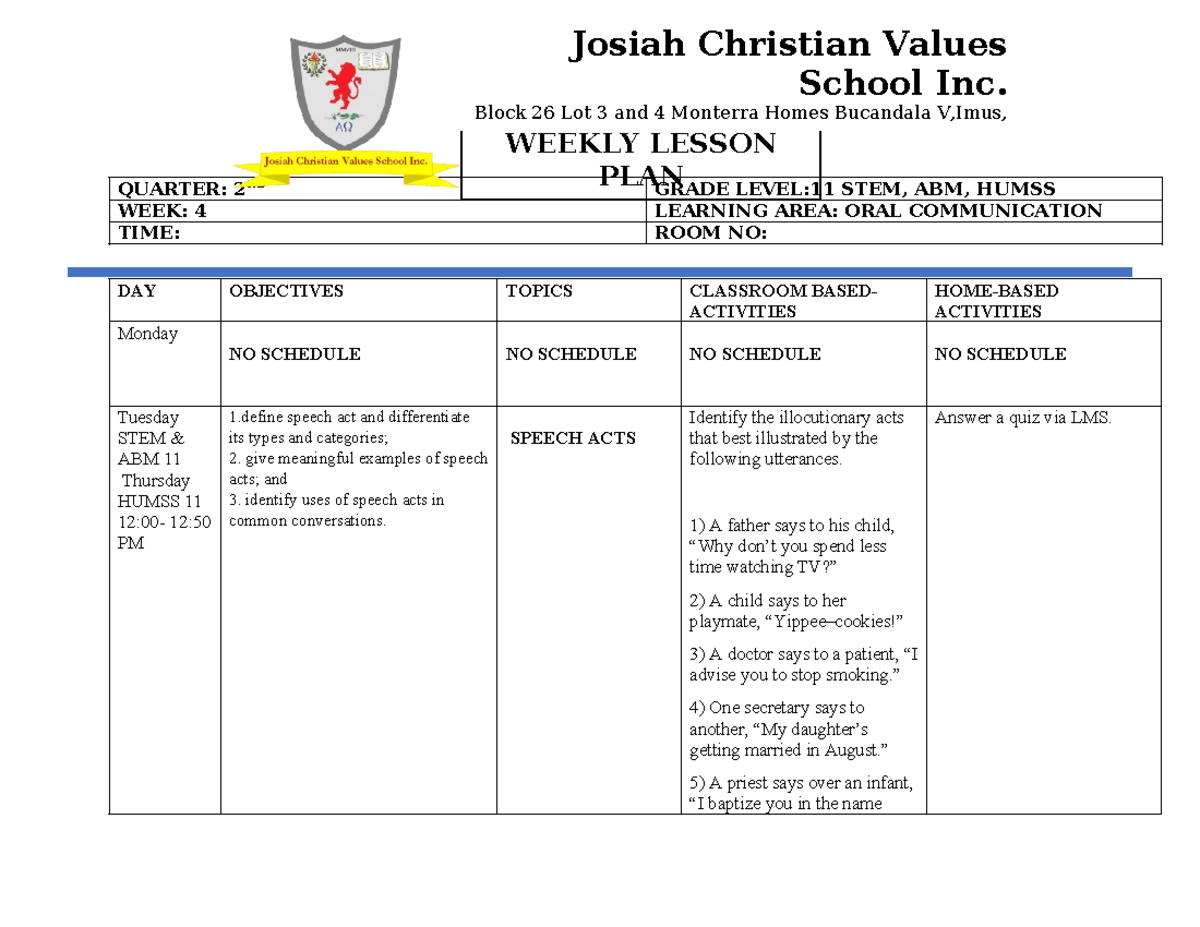 WEEK 4 Speech According TO Purpose - QUARTER: 2 ND GRADE LEVEL:11 STEM ...