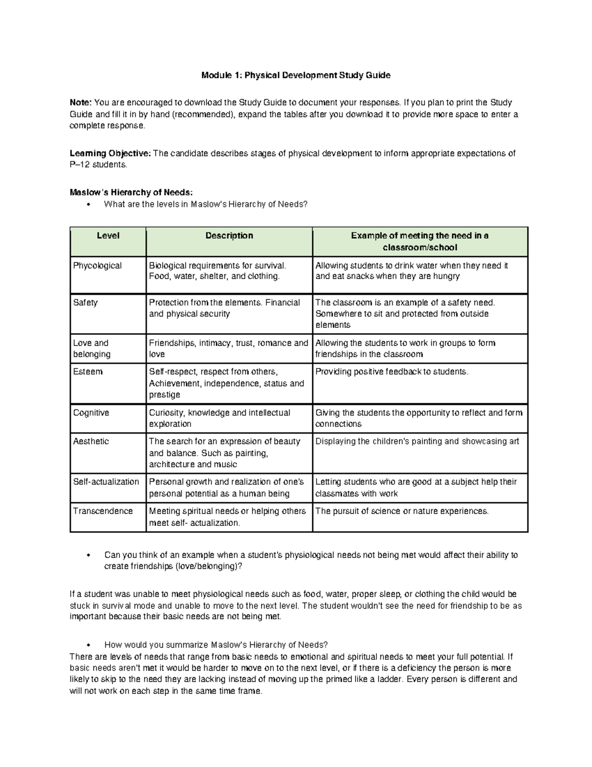 Module 1 - Module 1: Physical Development Study Guide Note: You are ...