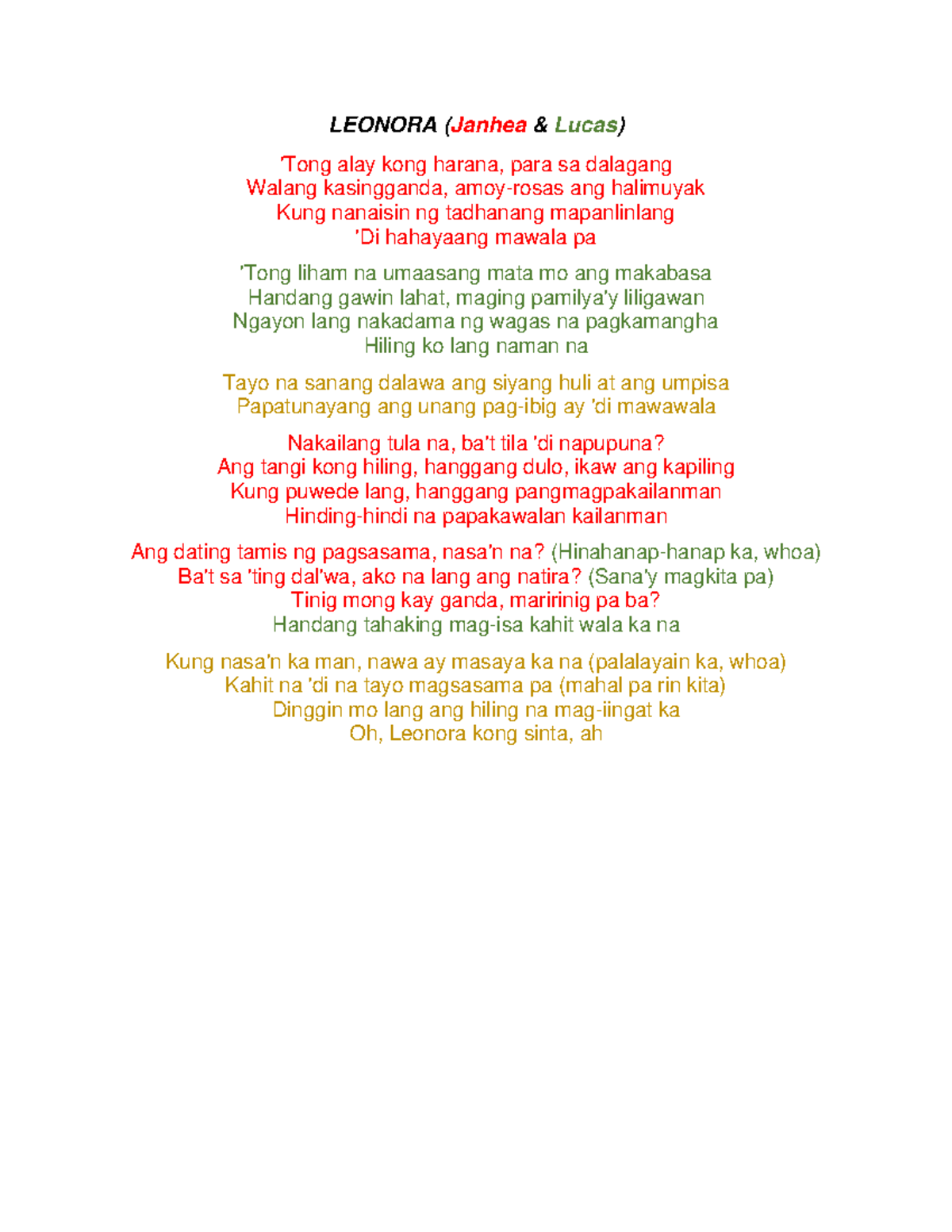 OPM- Songs - opm song - LEONORA (Janhea & Lucas) 'Tong alay kong harana ...