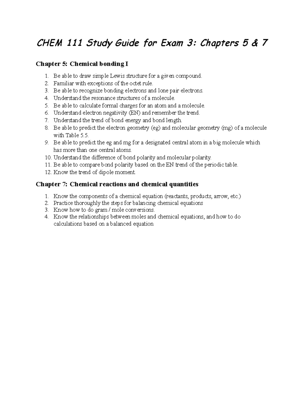 CHE 111 Exam 3 study guide - CHEM Study Guide for Exam 3: Chapters 5 7 Chapter 5: Chemical ...