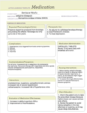 Levodopa - ACTIVE LEARNING TEMPLATES Medication STUDENT NAME