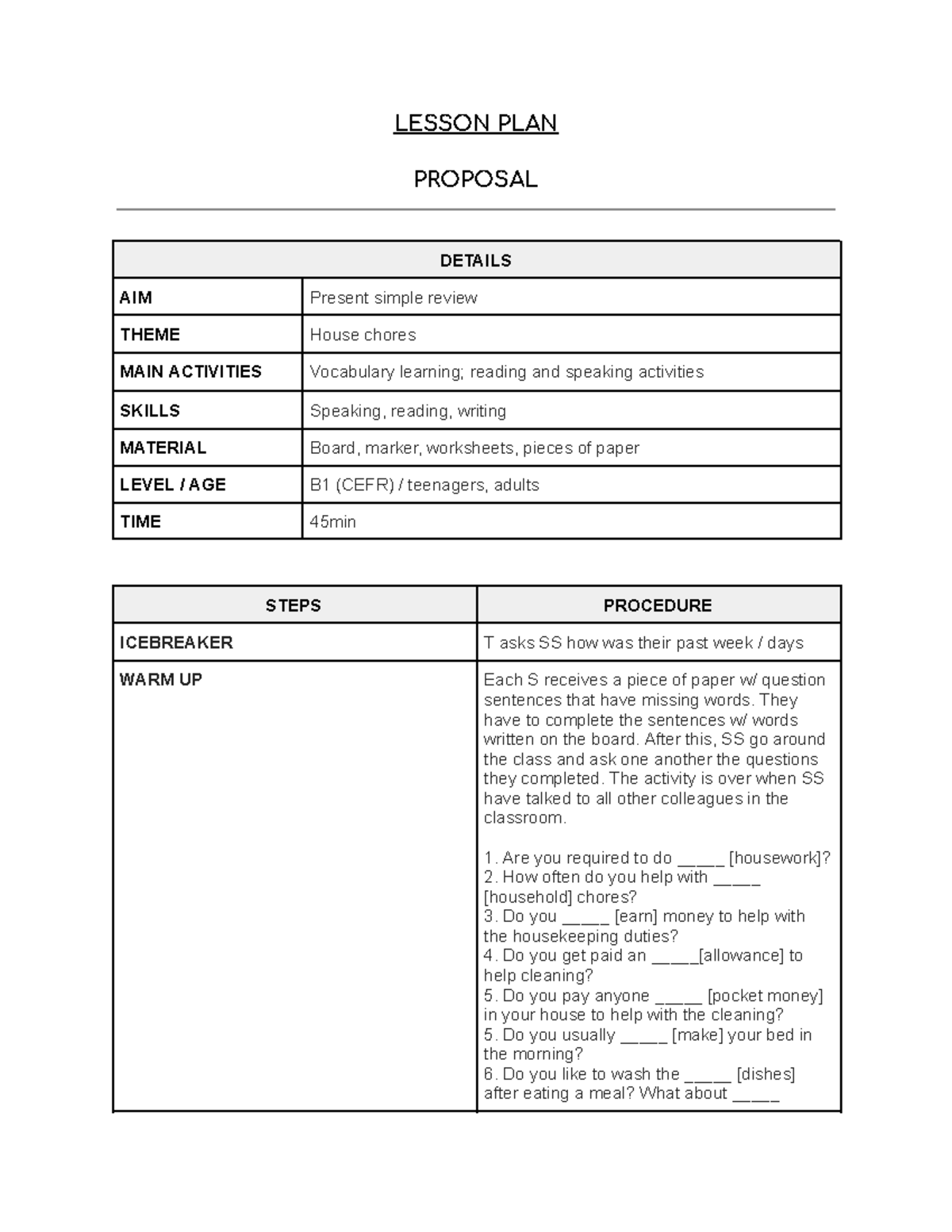 Lesson plan 1. House chores (CEFR B1) - LESSON PLAN PROPOSAL DETAILS ...