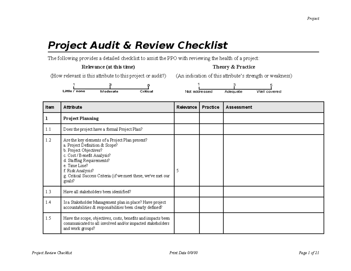 Project Review Checklist - Project Audit & Review Checklist The ...