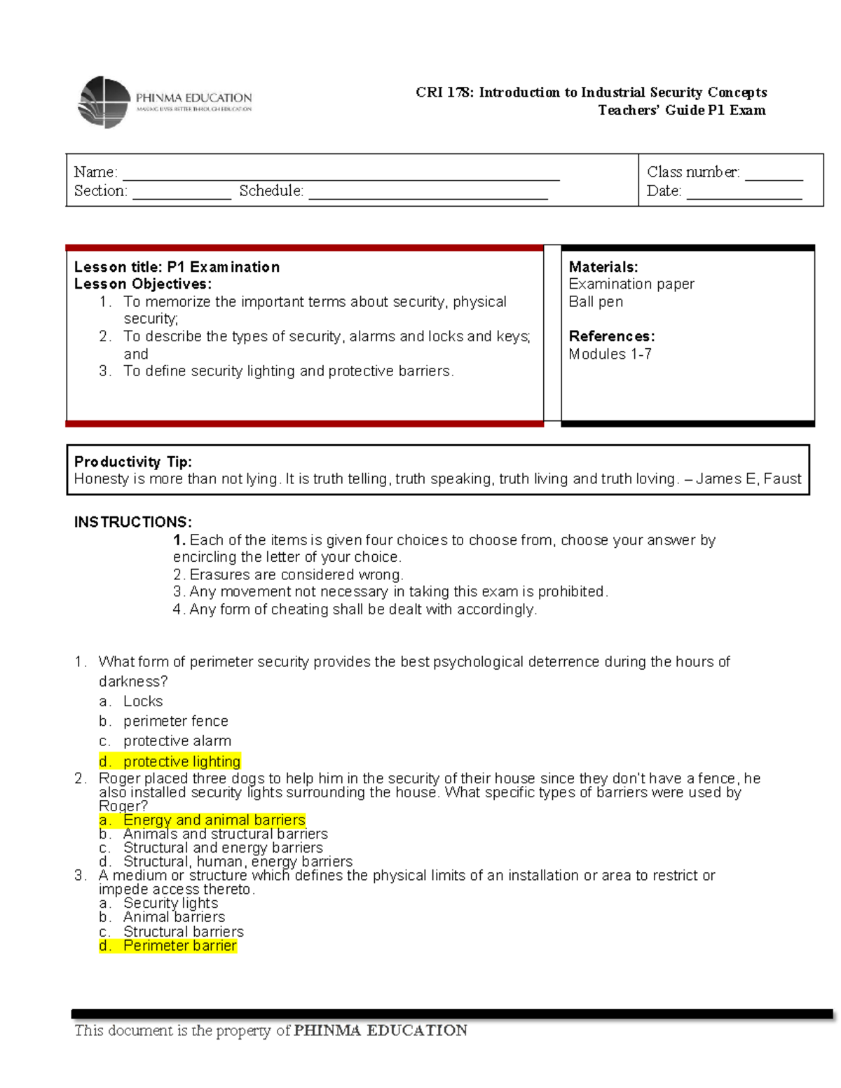 P1 EXAM CRI 178 - can help us if you want to review - Teachers’ Guide ...