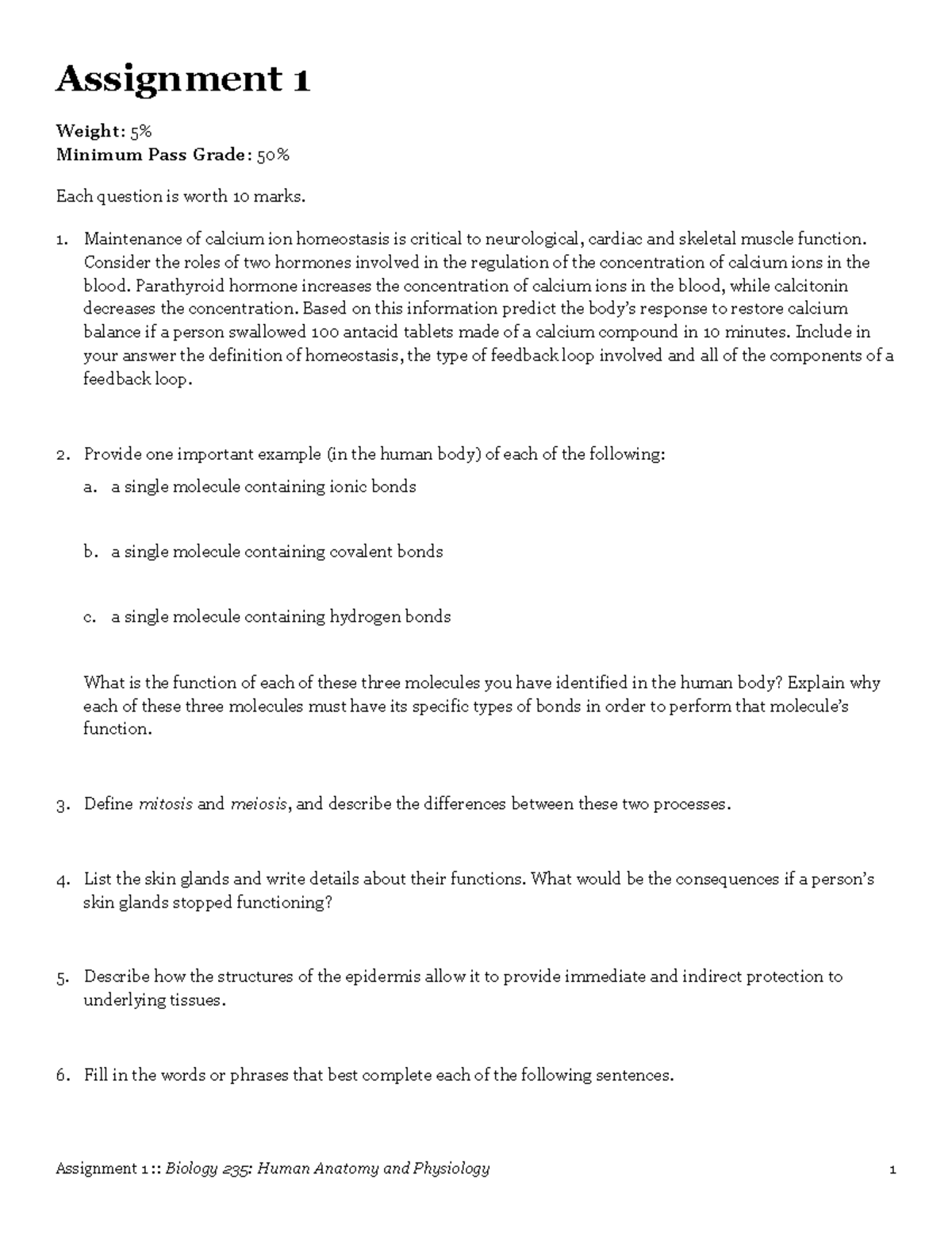 Assignment 1 - questions no answers - Assignment 1 Weight: 5% Minimum ...