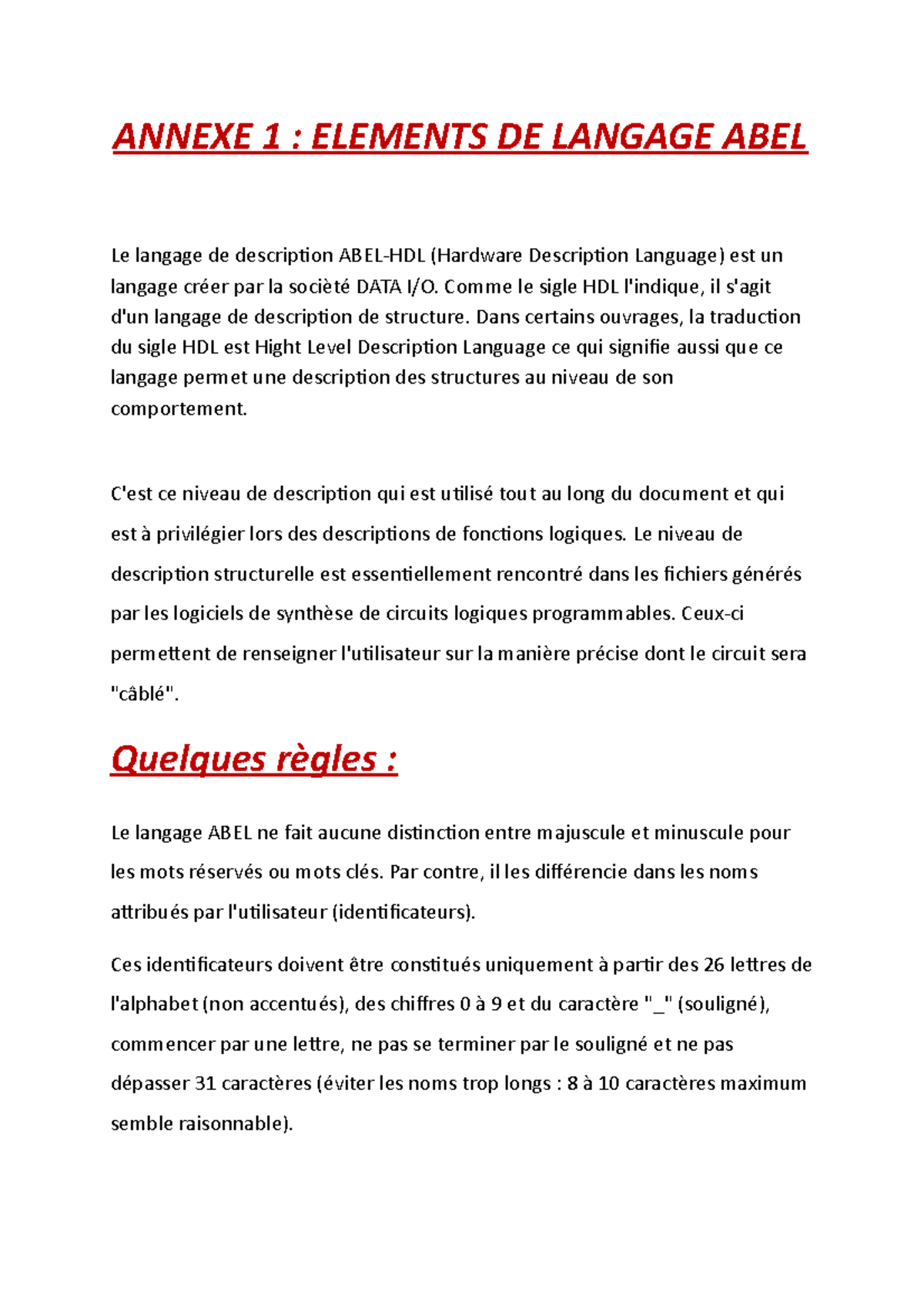 Annexe 1 Elements DE Langage ABEL - ANNEXE 1 : ELEMENTS DE LANGAGE ABEL ...