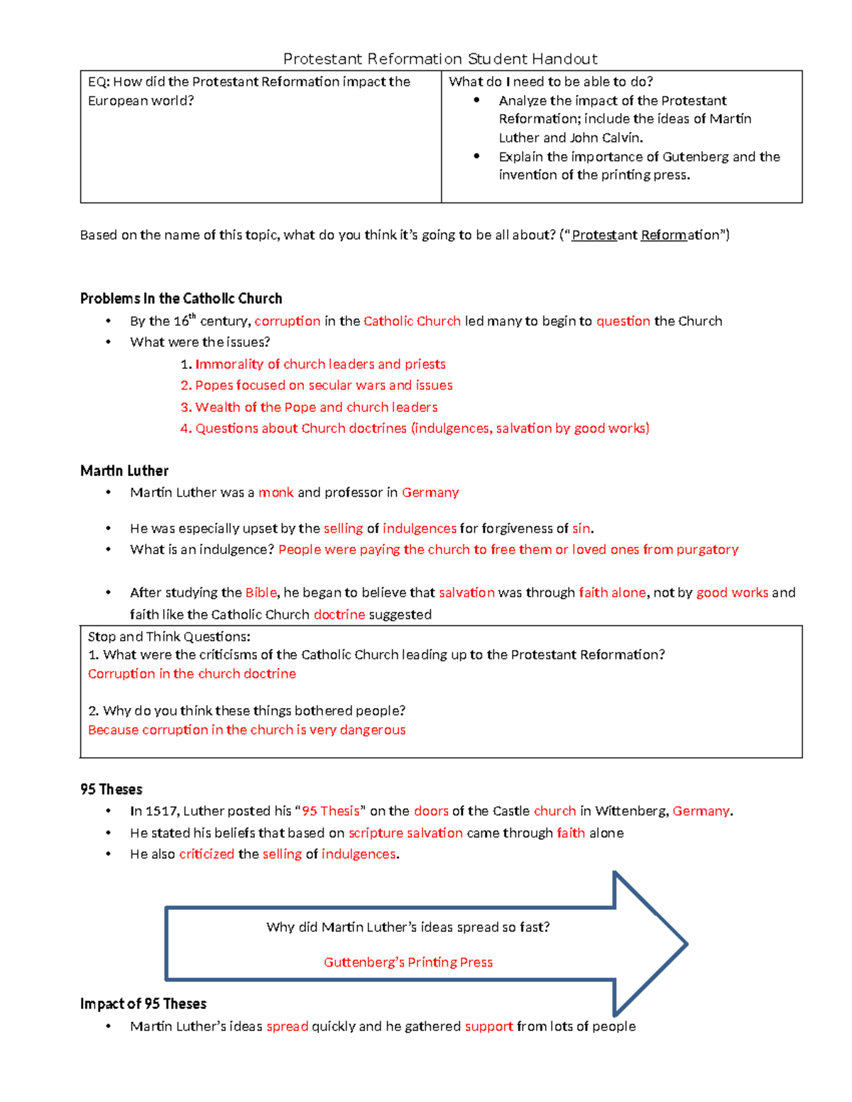 Protestant Reformation Student Handout - Explain the importance of ...