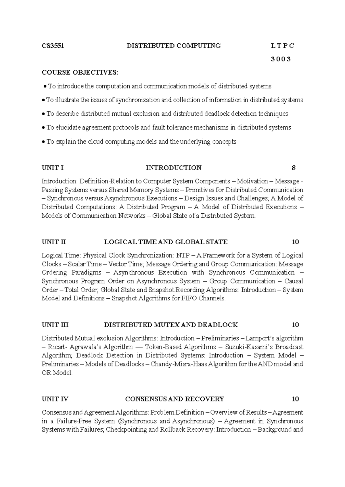 Cs3551 Distributed Computing Syllabus Cs3551 Distributed Computing L T P C 3 0 0 3 Course 3953