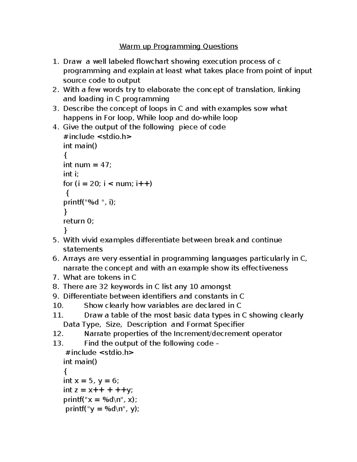 Warm up Programming Questions - Studocu