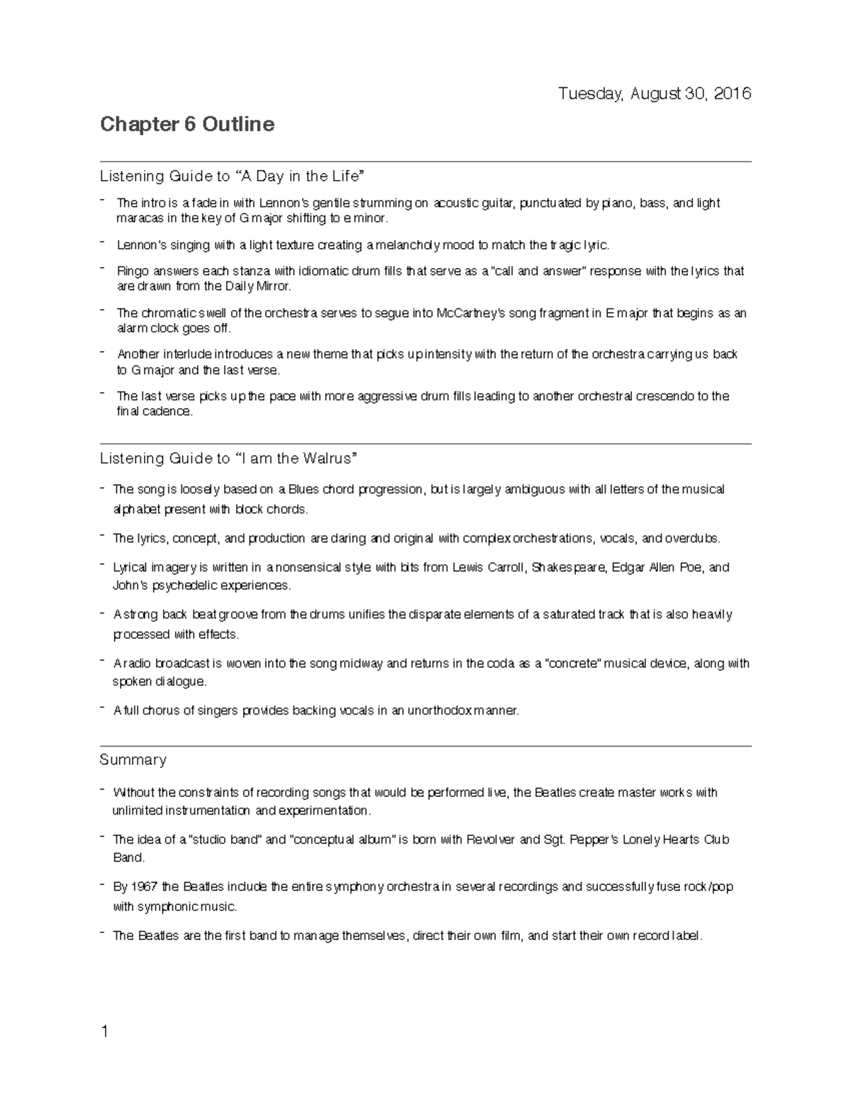 Chapter 6 Outline - Tuesday, August 30, 2016 Chapter 6 Outline Listening Guide to “A Day in the ...