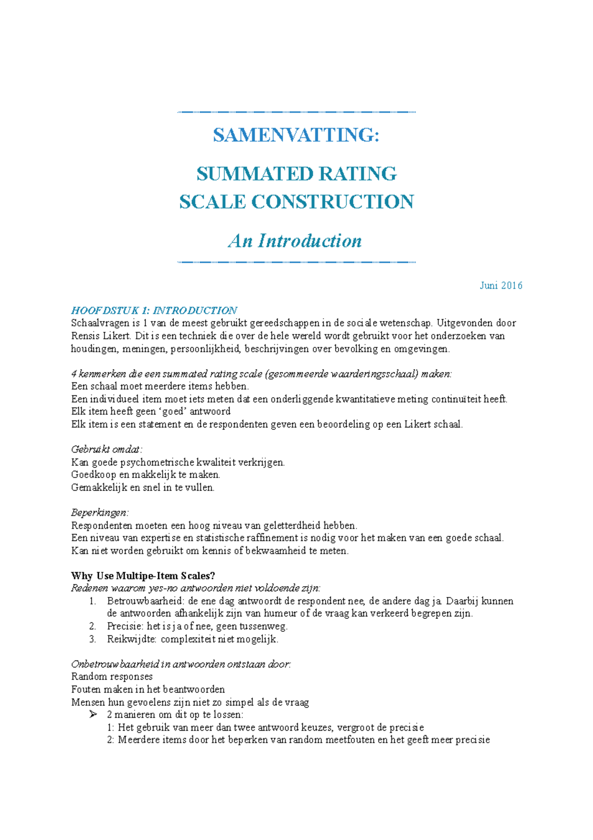 Samenvatting Summated Rating Scale Construction - SAMENVATTING ...