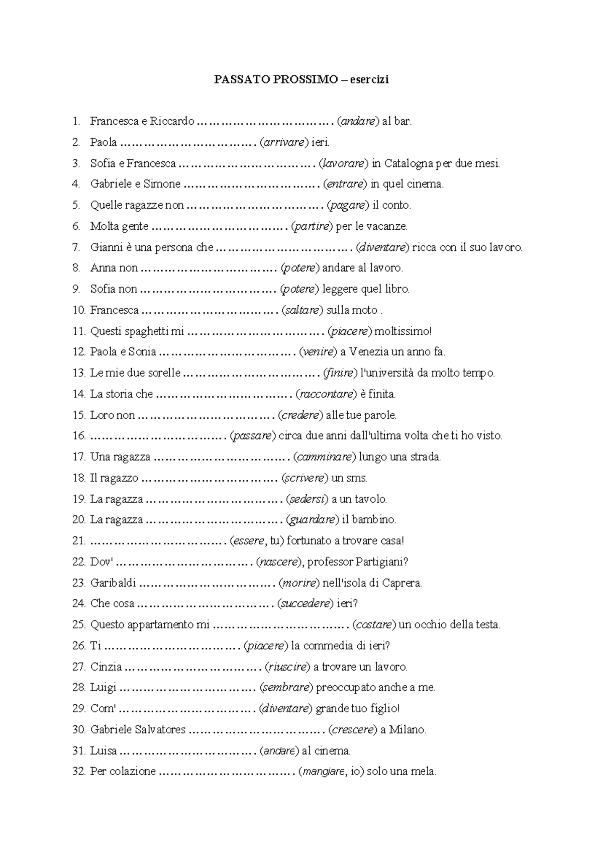 Passato Prossimo - ćwiczenia gramatyczne - PASSATO PROSSIMO – esercizi ...