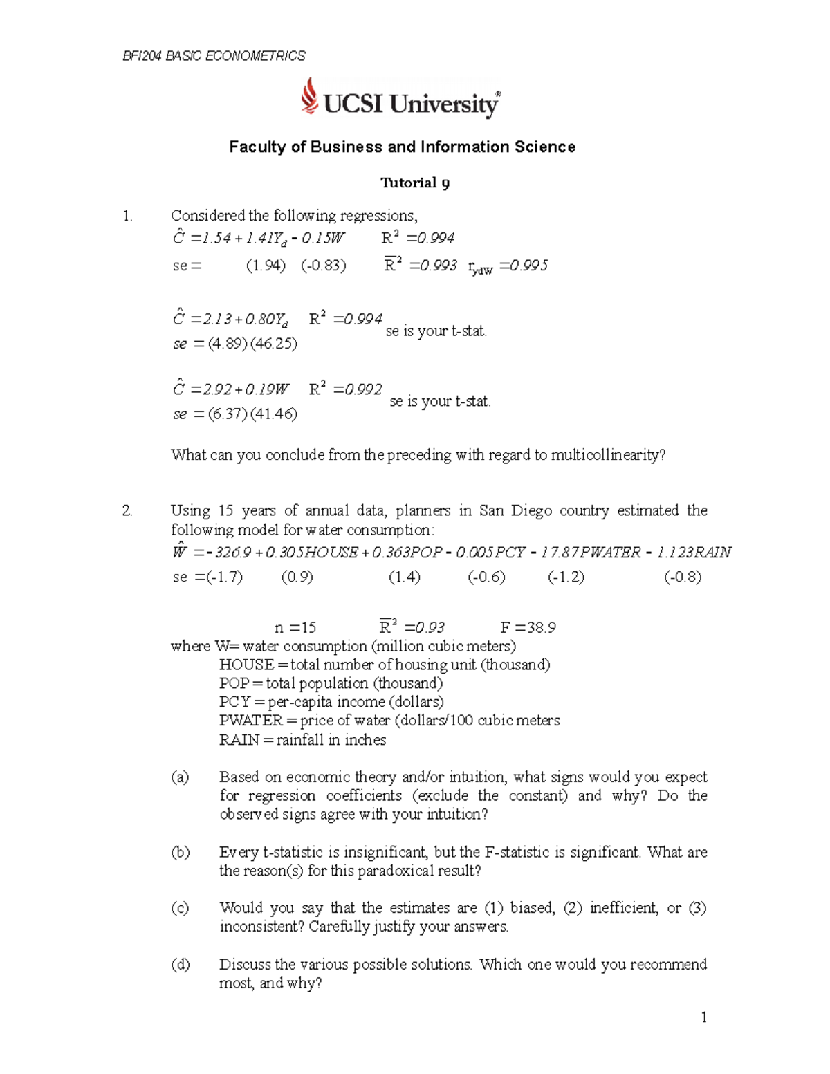 Tutorial 9 Question Bfi204 Basic Econometrics Faculty Of Business And Information Science