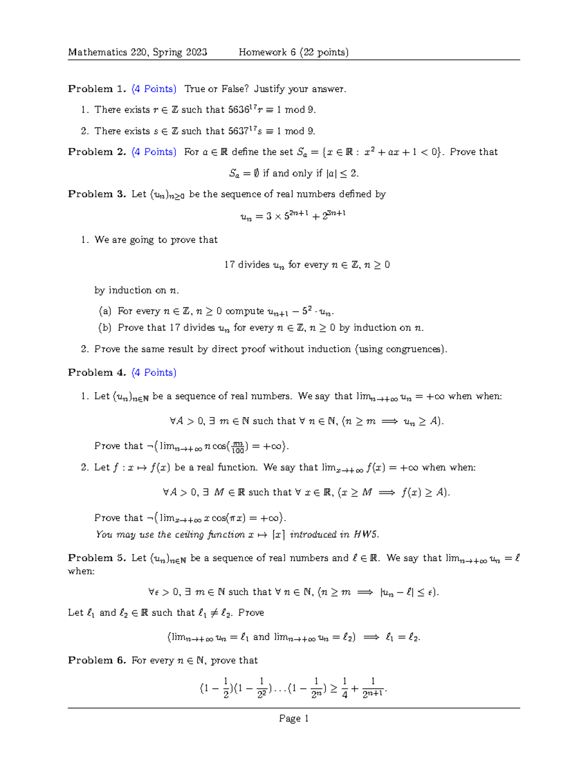 220-HW6-2023 - hoomework - Mathematics 220, Spring 2023 Homework 6 (22 points) Problem 1. (4 ...