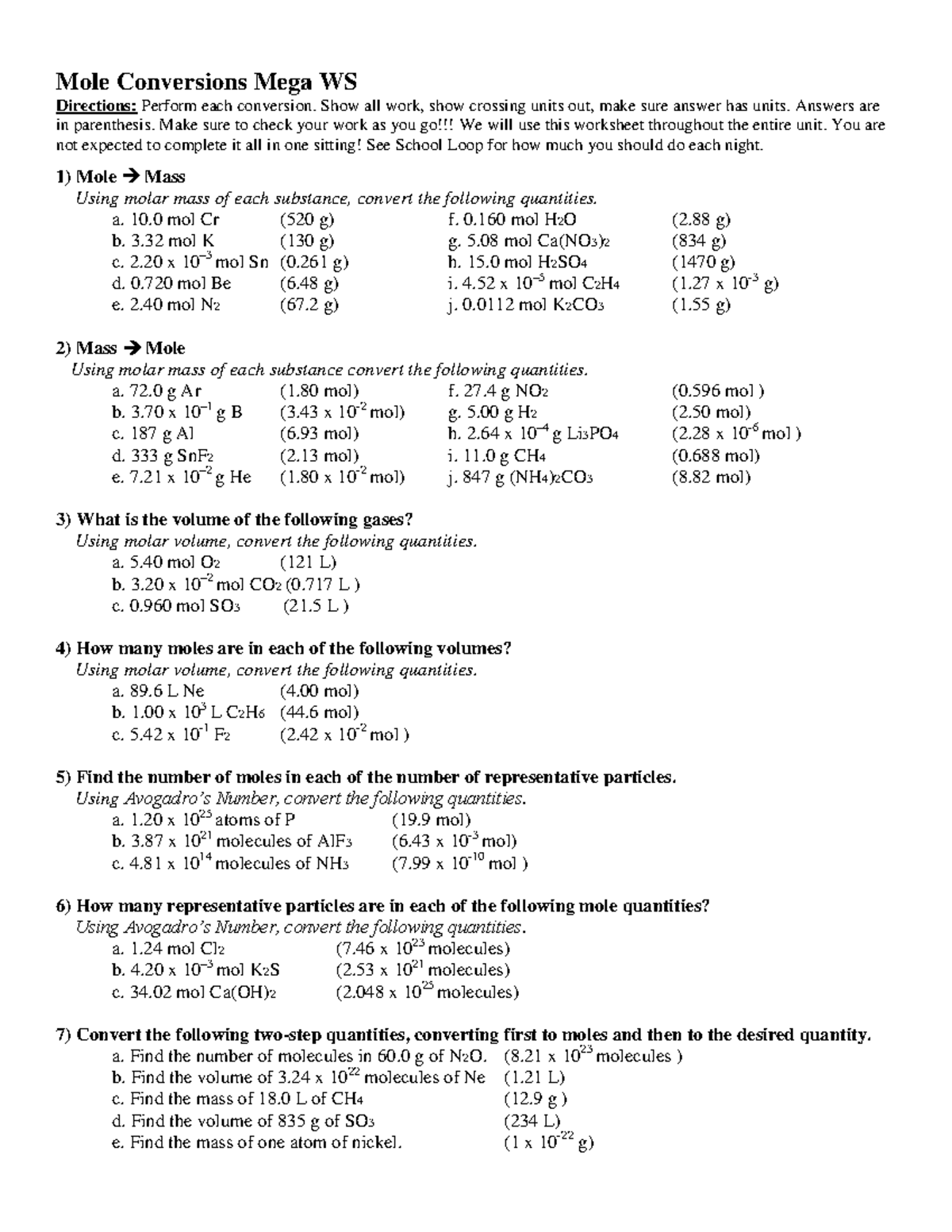 Molar conversion practice questions - Mole Conversions Mega WS ...