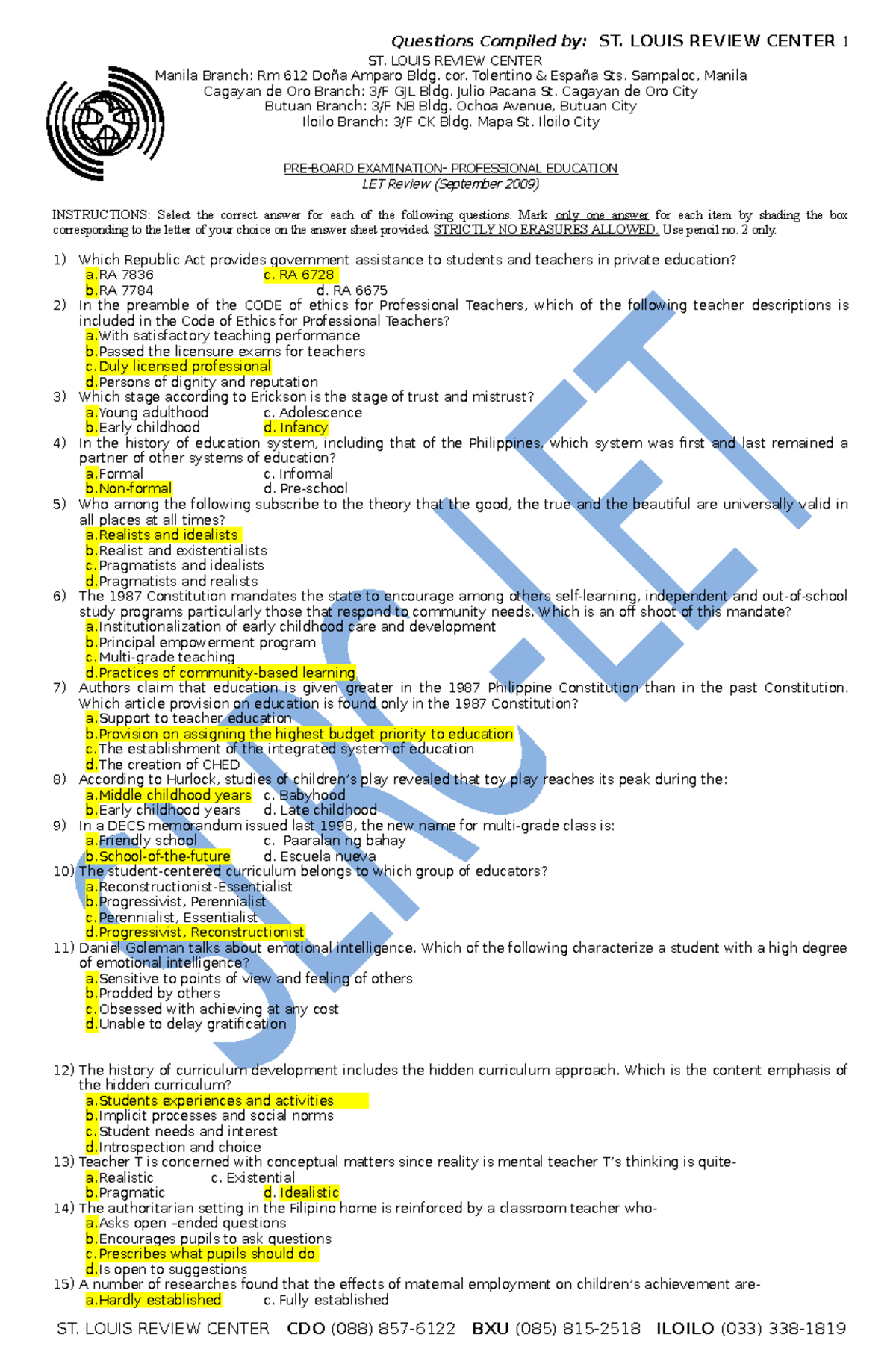 ILO-ILO-PRE- Board-PROF-ED ANS - ST. LOUIS REVIEW CENTER Manila Branch ...