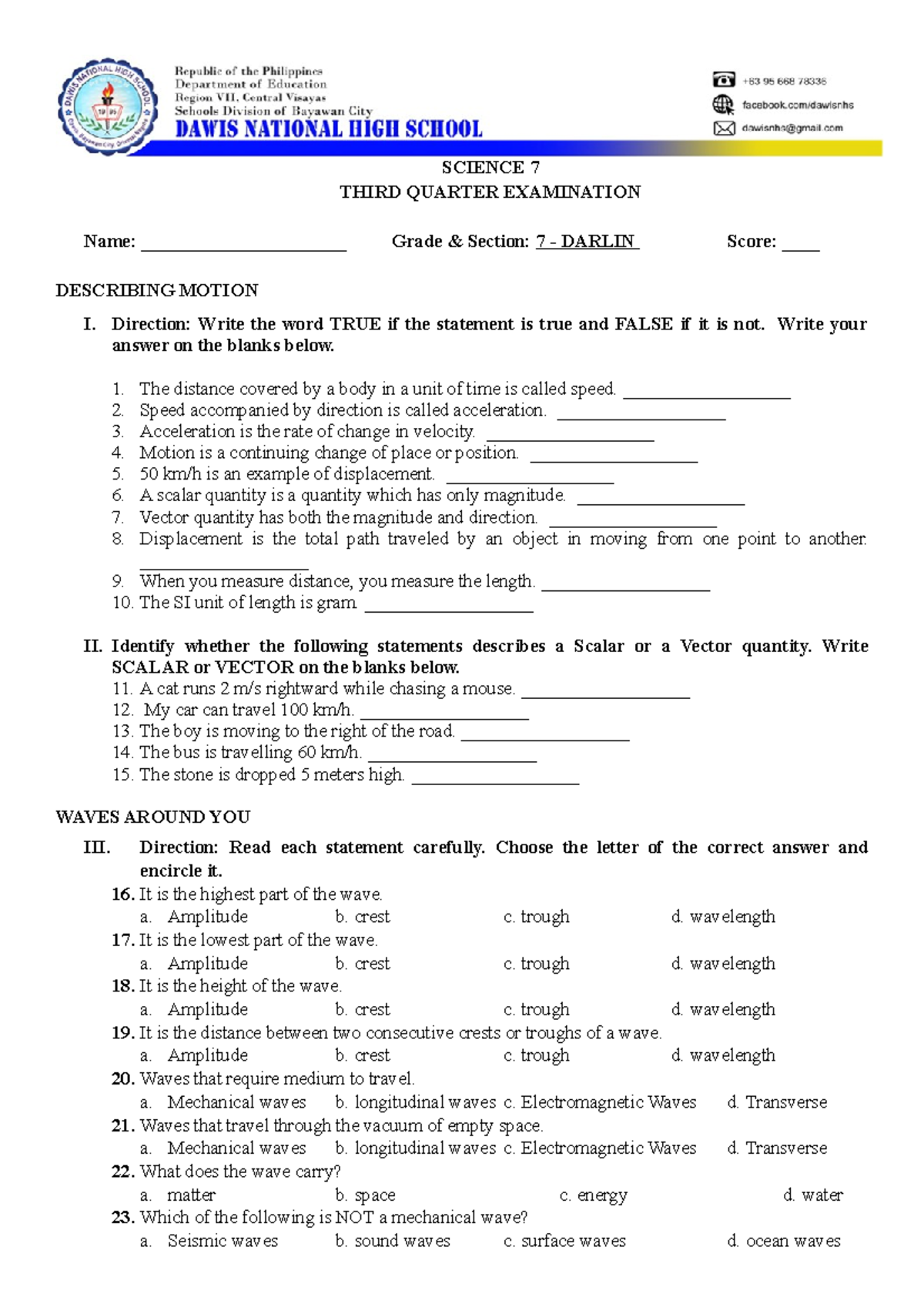 Science 7 Q3 EXAM (22-23) - SCIENCE 7 THIRD QUARTER EXAMINATION Name