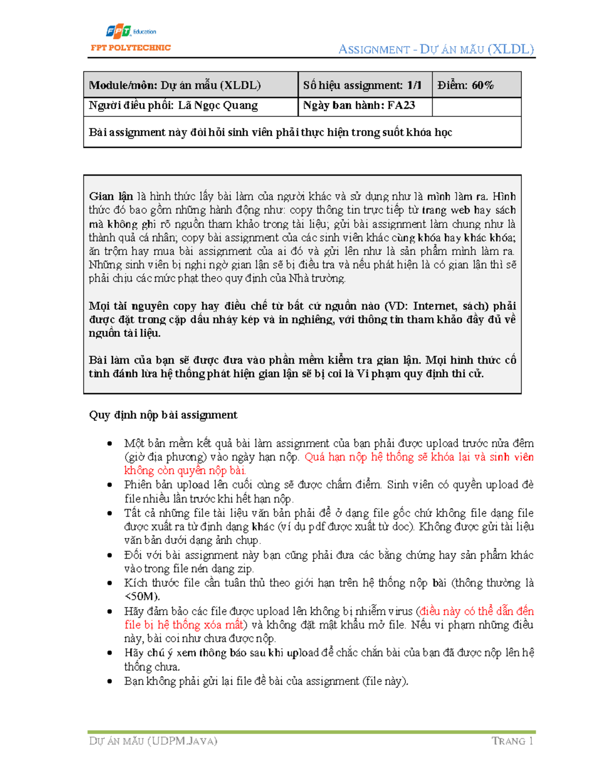 DAT109 Du an mau (XLDL) Assignment - Module/môn: Dự án mẫu (XLDL) Số ...