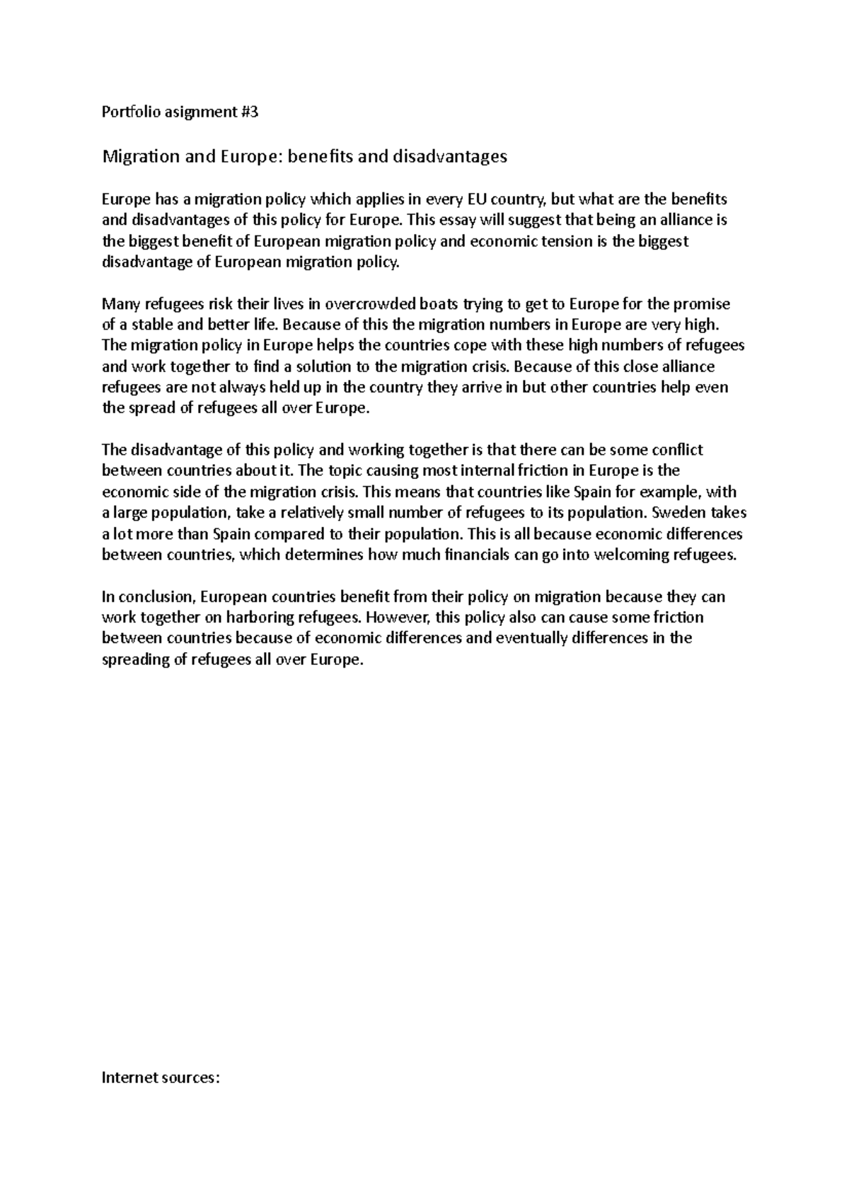 Portfolio asignment #3 wfi jaar 2 - Portfolio asignment # Migration and Europe: benefits and ...