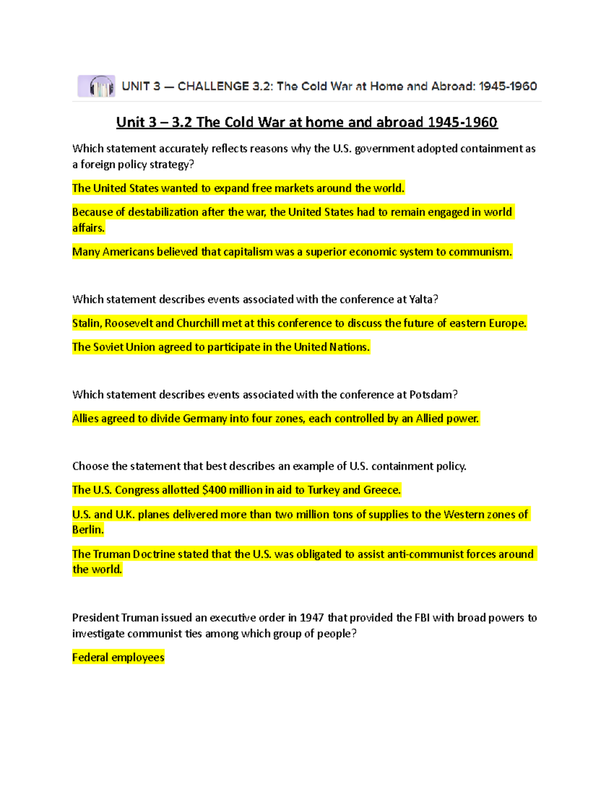 Sophia Pathways U.S. History II Challenge 3.2 The Cold War at home and ...