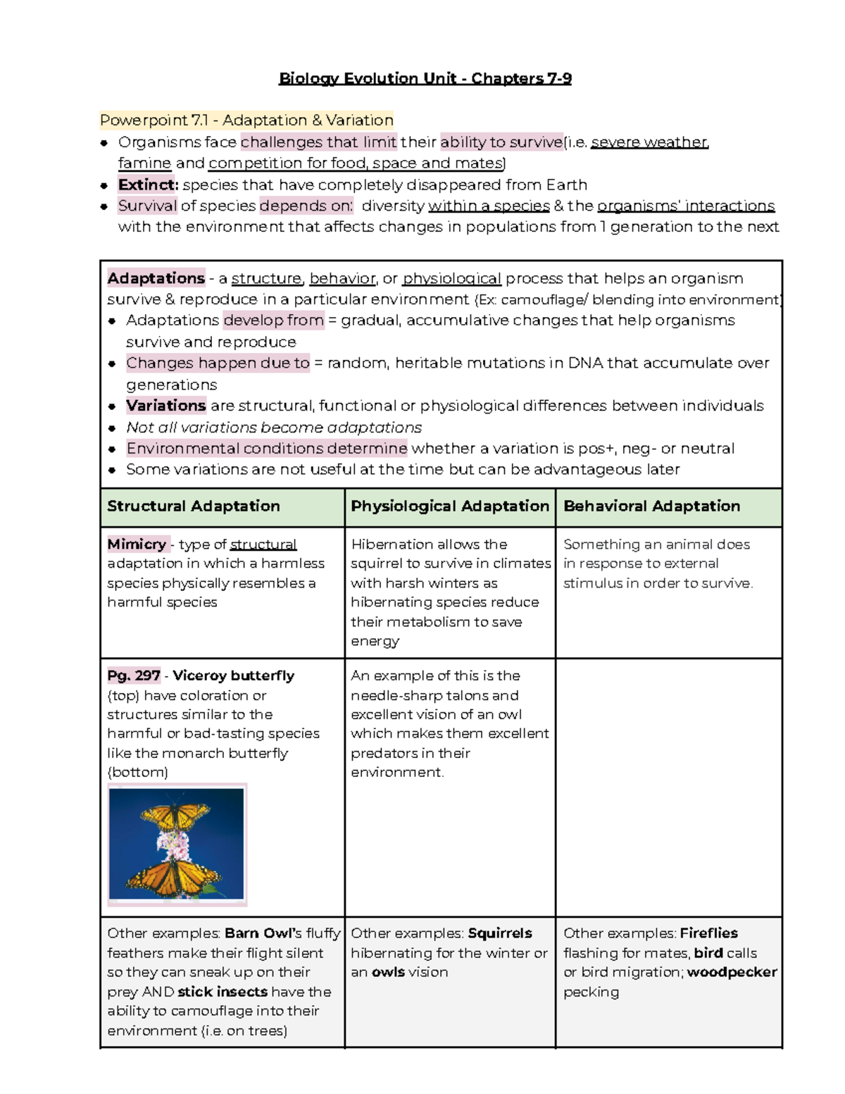 Copy of Bio Unit 4 Study Notes - Biology Evolution Unit - Chapters 7 ...