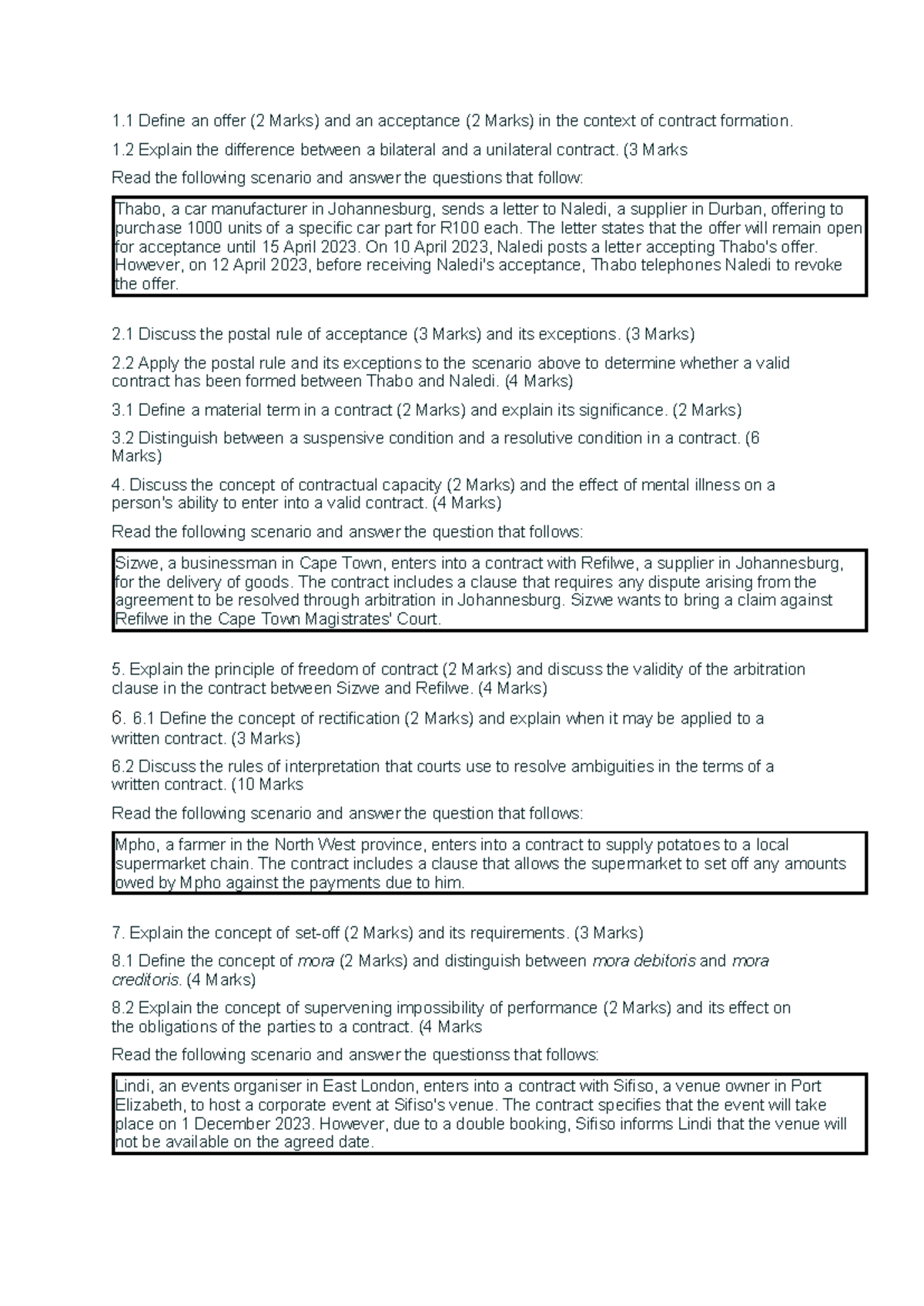 Lwcta 1-MOCK EXAM - Law of contract practice material - 1 Define an ...