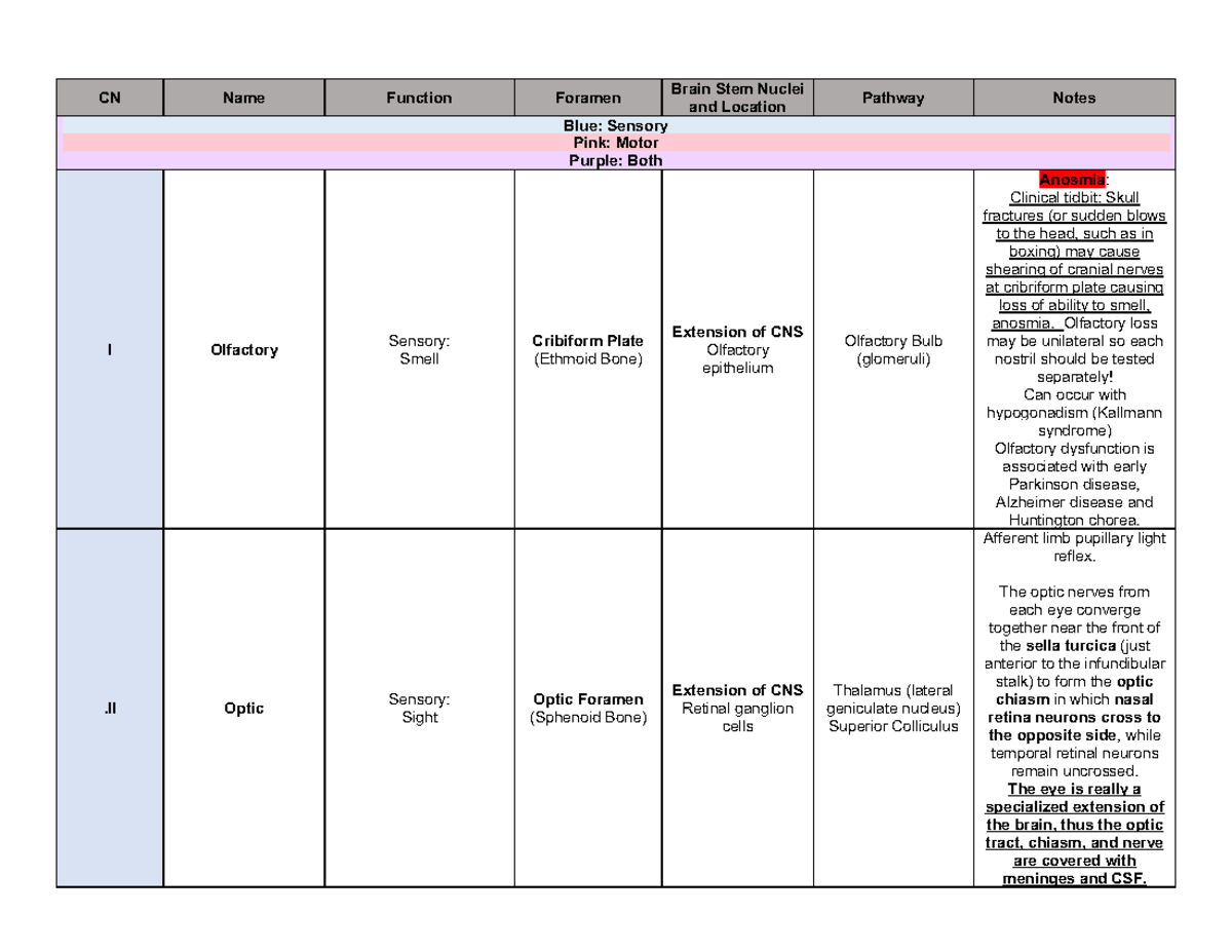 Cranial Nerves Chart - CN Name Function Foramen Brain Stem Nuclei and ...