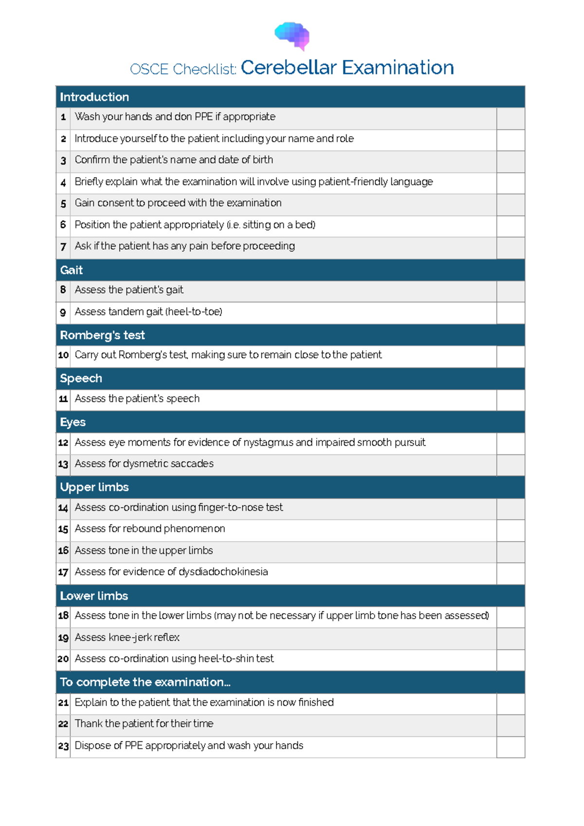 OSCE Checklist Cerebellar Examination - OSCE Checklist: Cerebellar ...