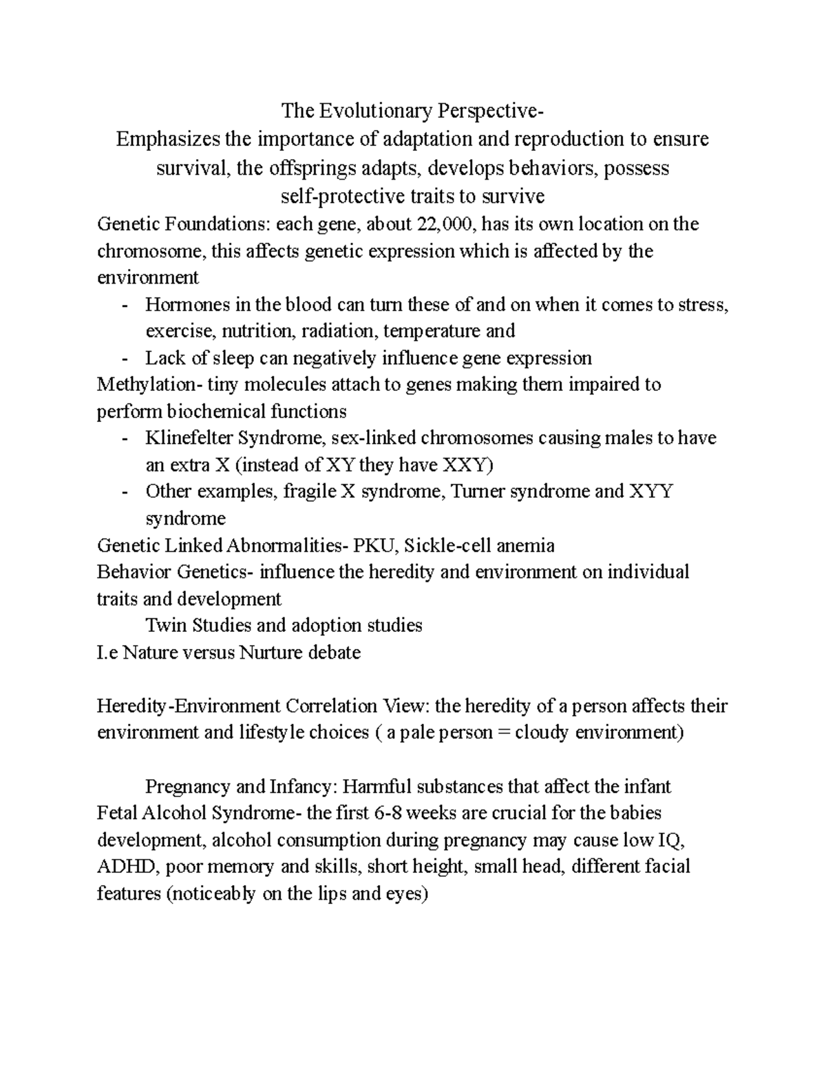 Developmental Psychology Lecture Notes - The Evolutionary Perspective ...