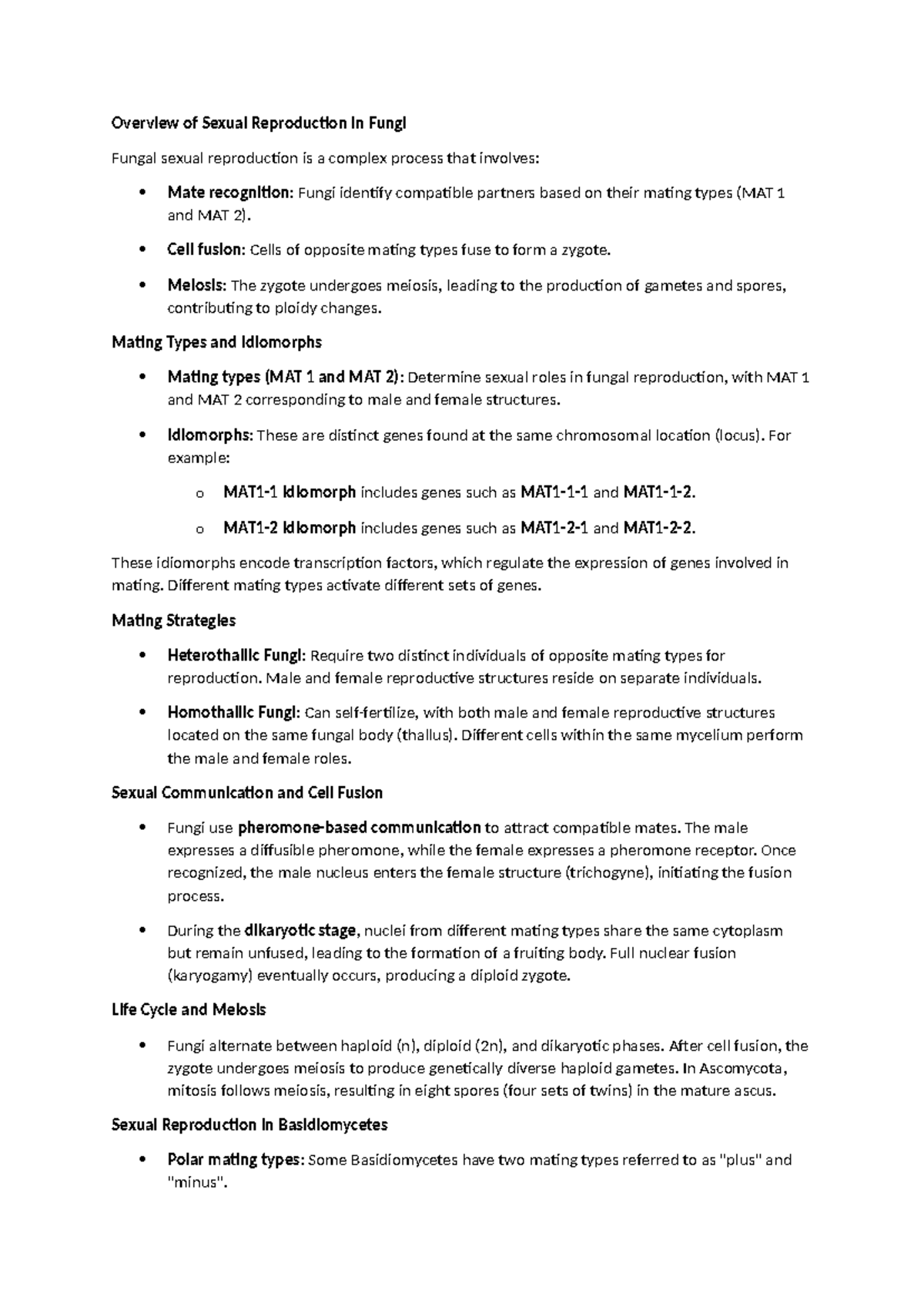 Overview of Sexual Reproduction in Fungi - Cell fusion: Cells of ...