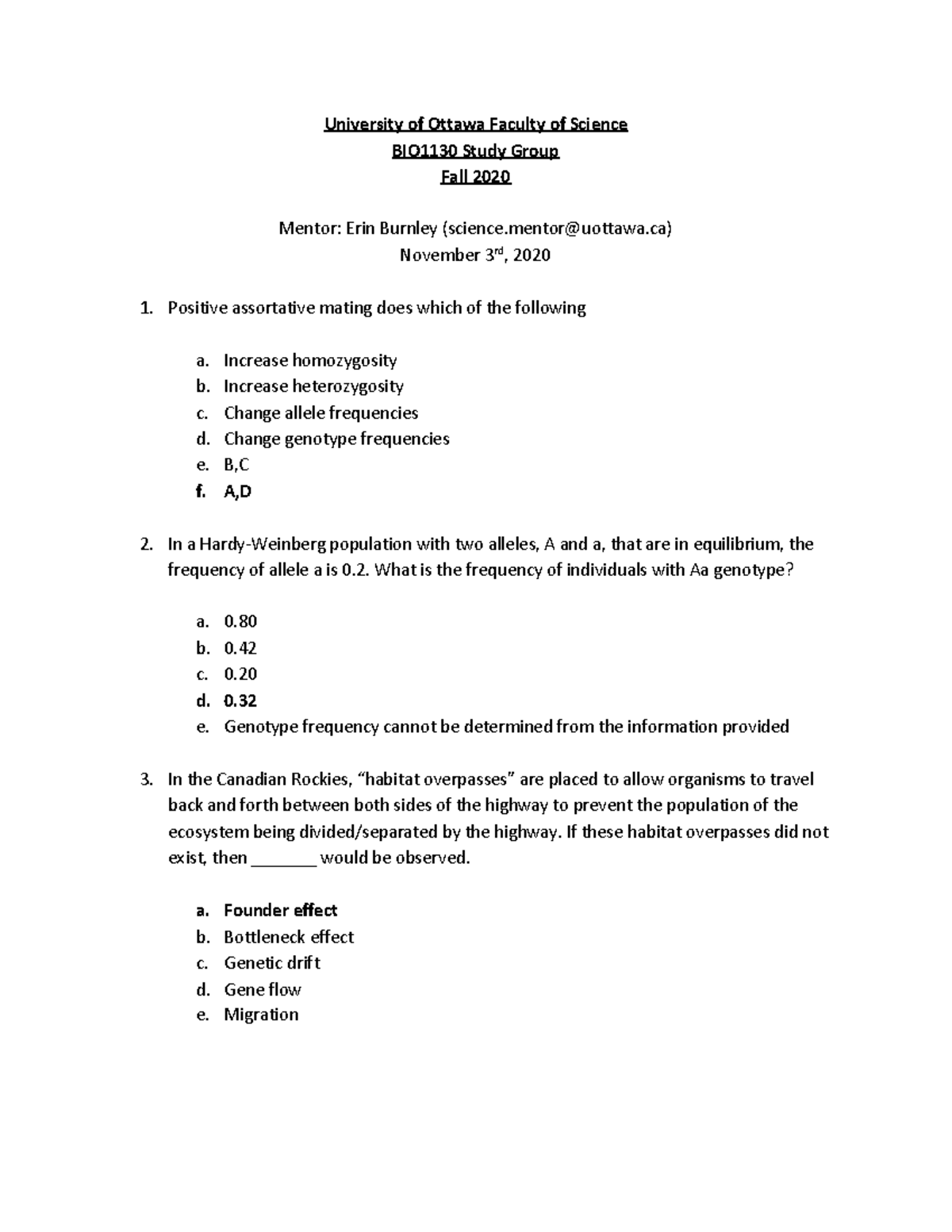 BIO1130 Study Group 6 Worksheet - University of Ottawa Faculty of ...