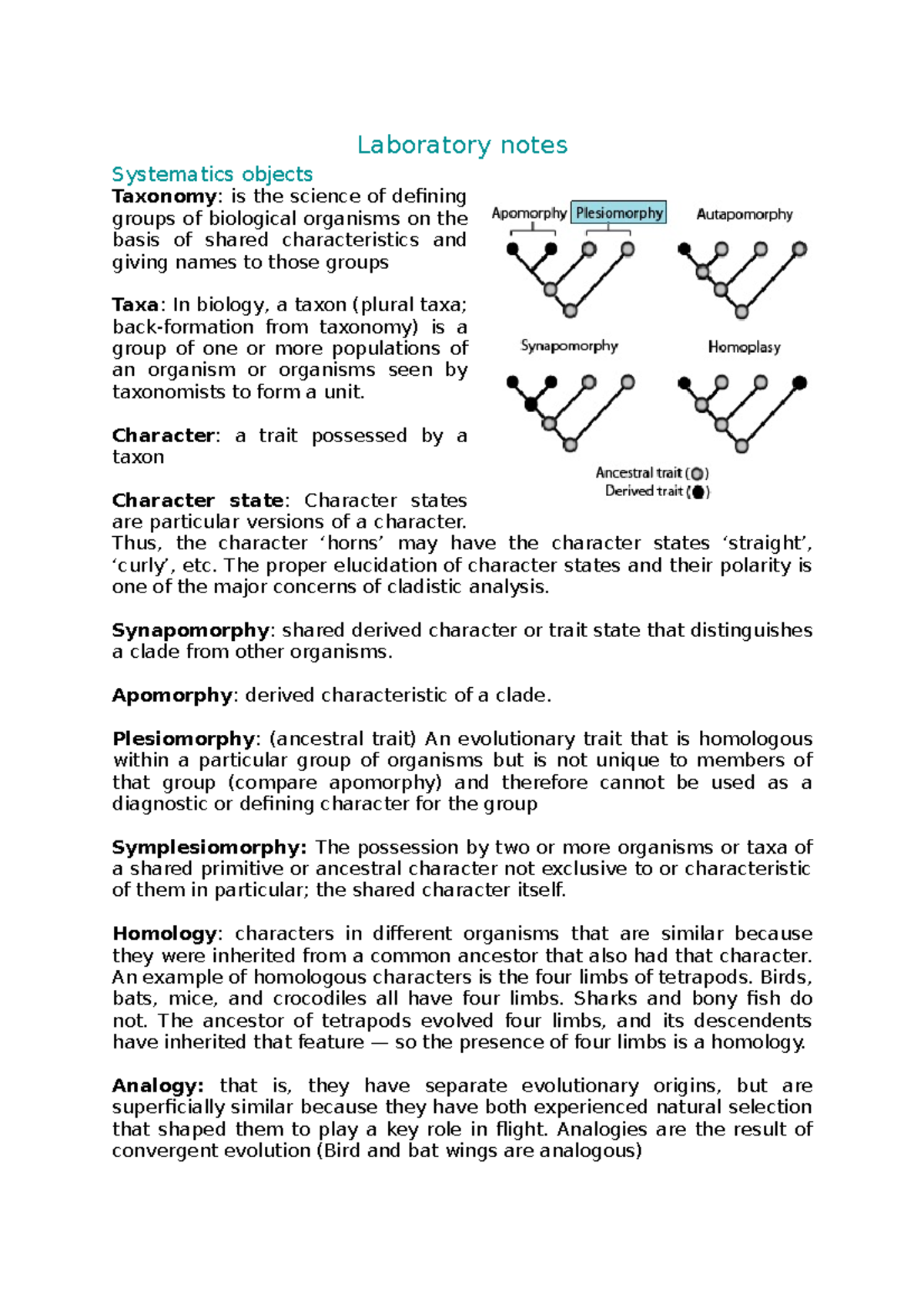 Laboratory notes - Laboratory notes Systematics objects Taxonomy: is ...