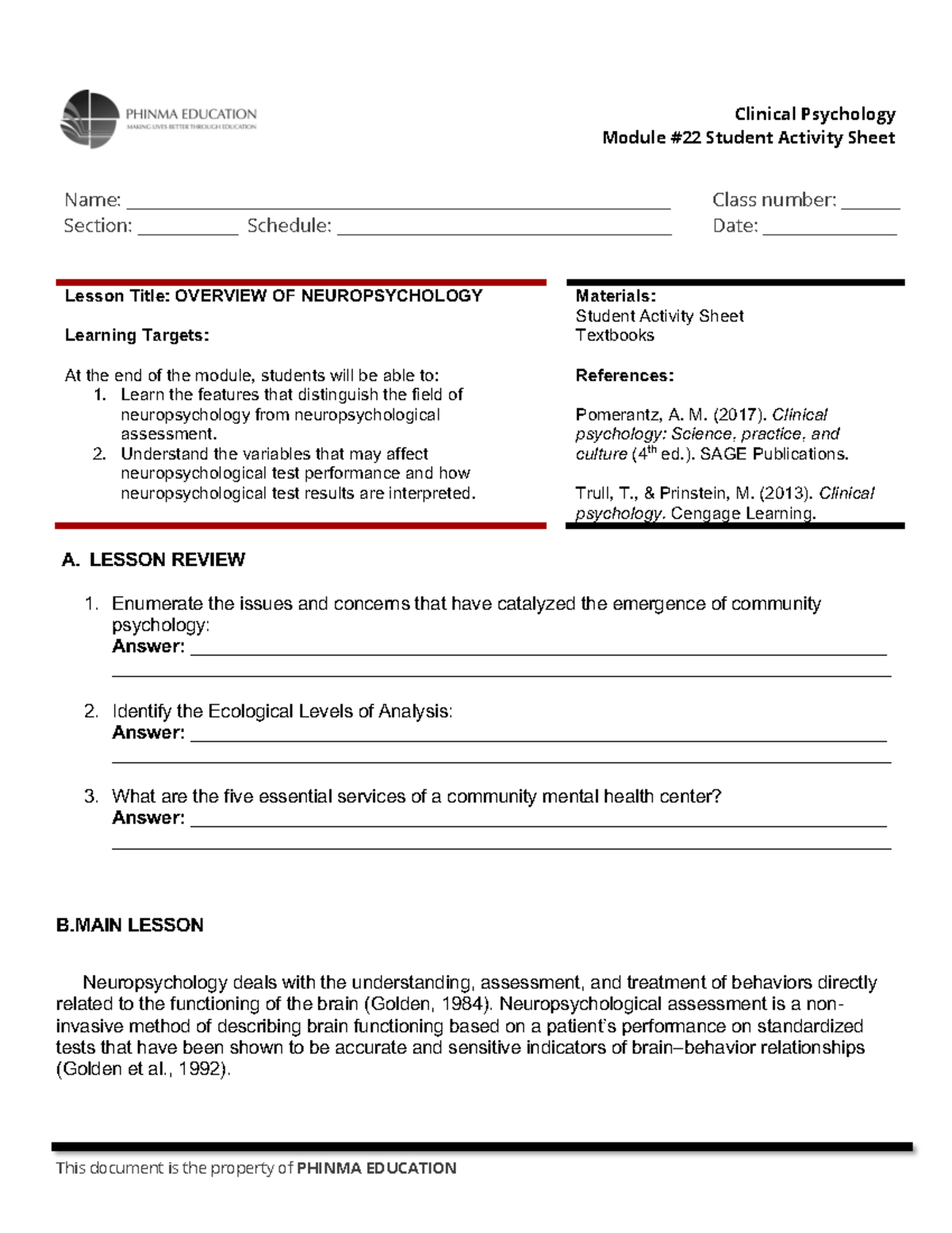 SAS Module 22 Overview of Neuropsychology - Module # 22 Student ...