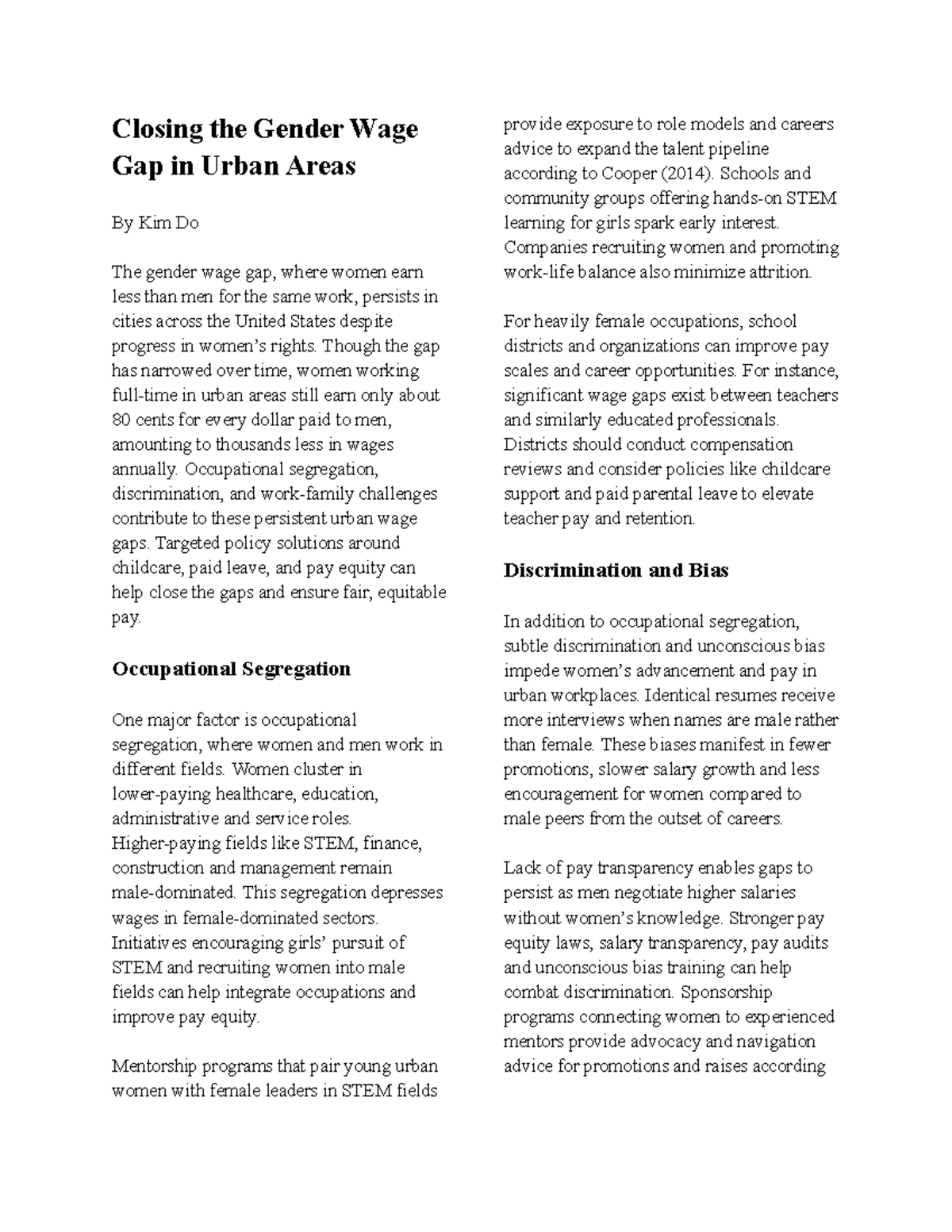 Lesson 12 Assignment - Closing the Gender Wage Gap in Urban Areas By ...