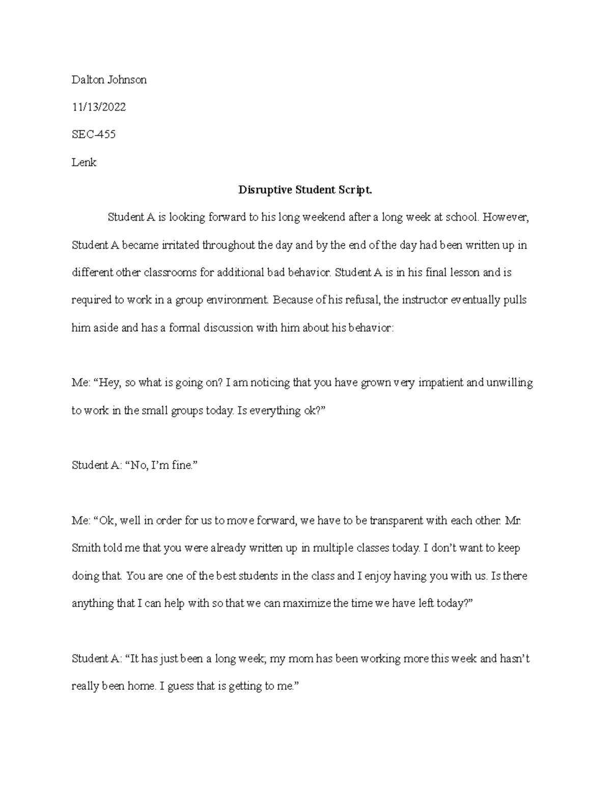 Disruptive Student Script - Dalton Johnson 11/13/ SEC- Lenk Disruptive ...