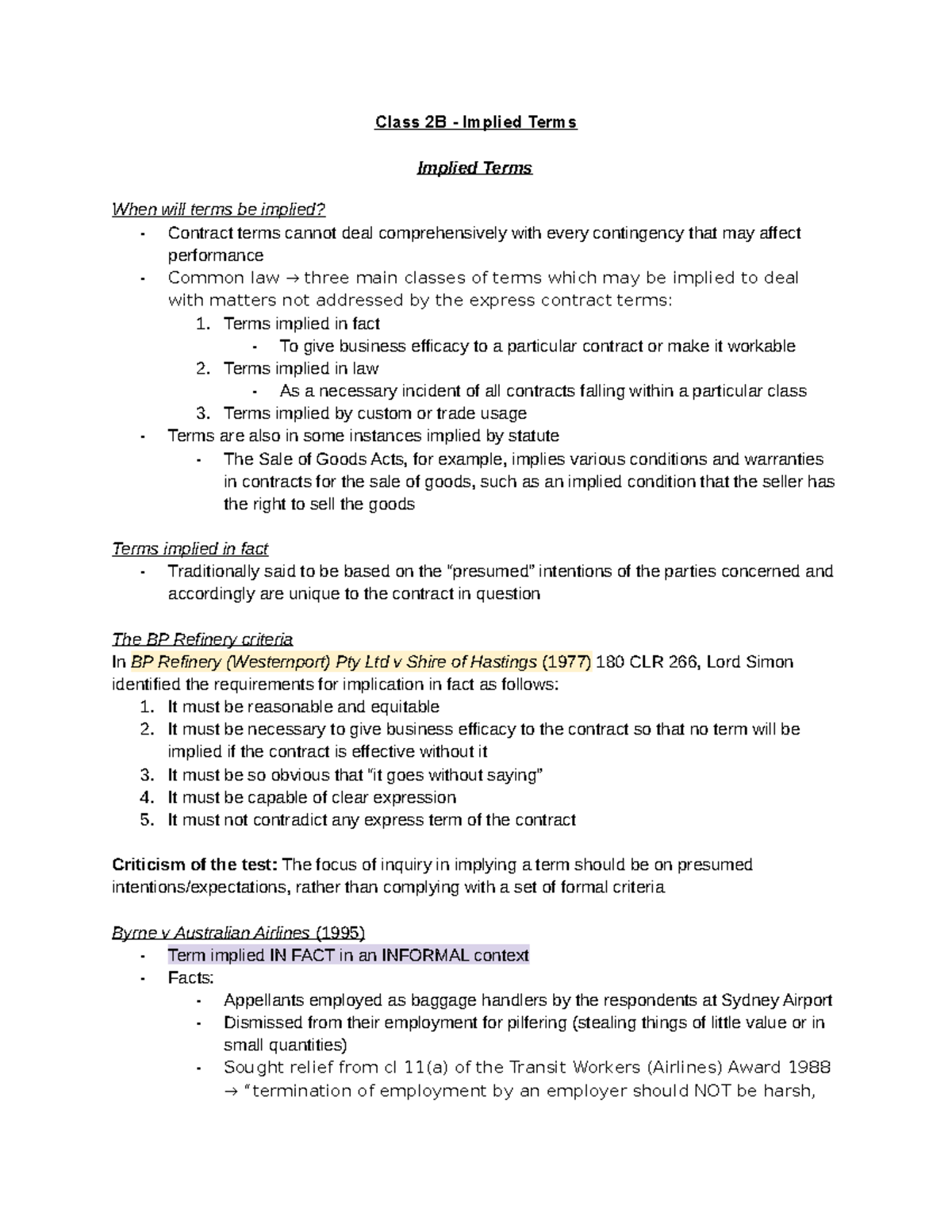 Class 2B - Implied Terms - Class 2B - Implied Terms Implied Terms When ...