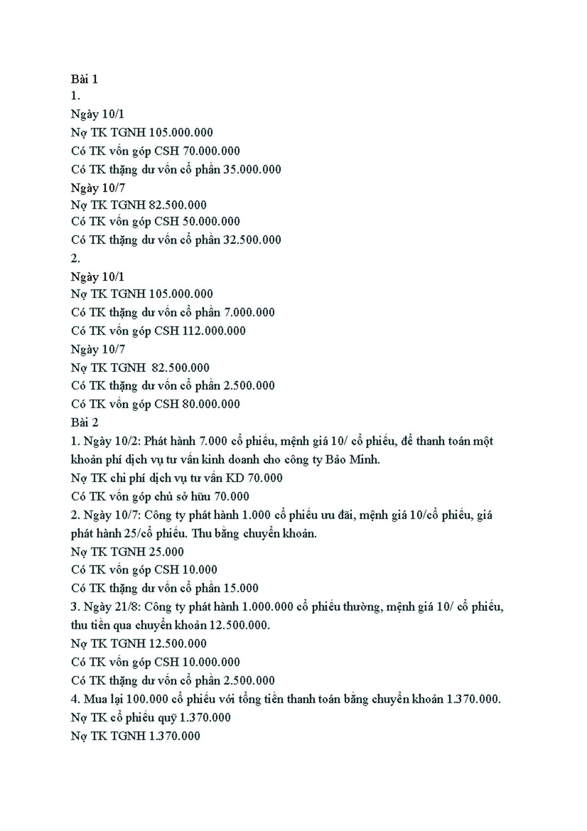 BT Tự luận chương 8 -NLKT - 1. Nợ TK TGNH 105. Nợ TK TGNH 105. Có TK ...