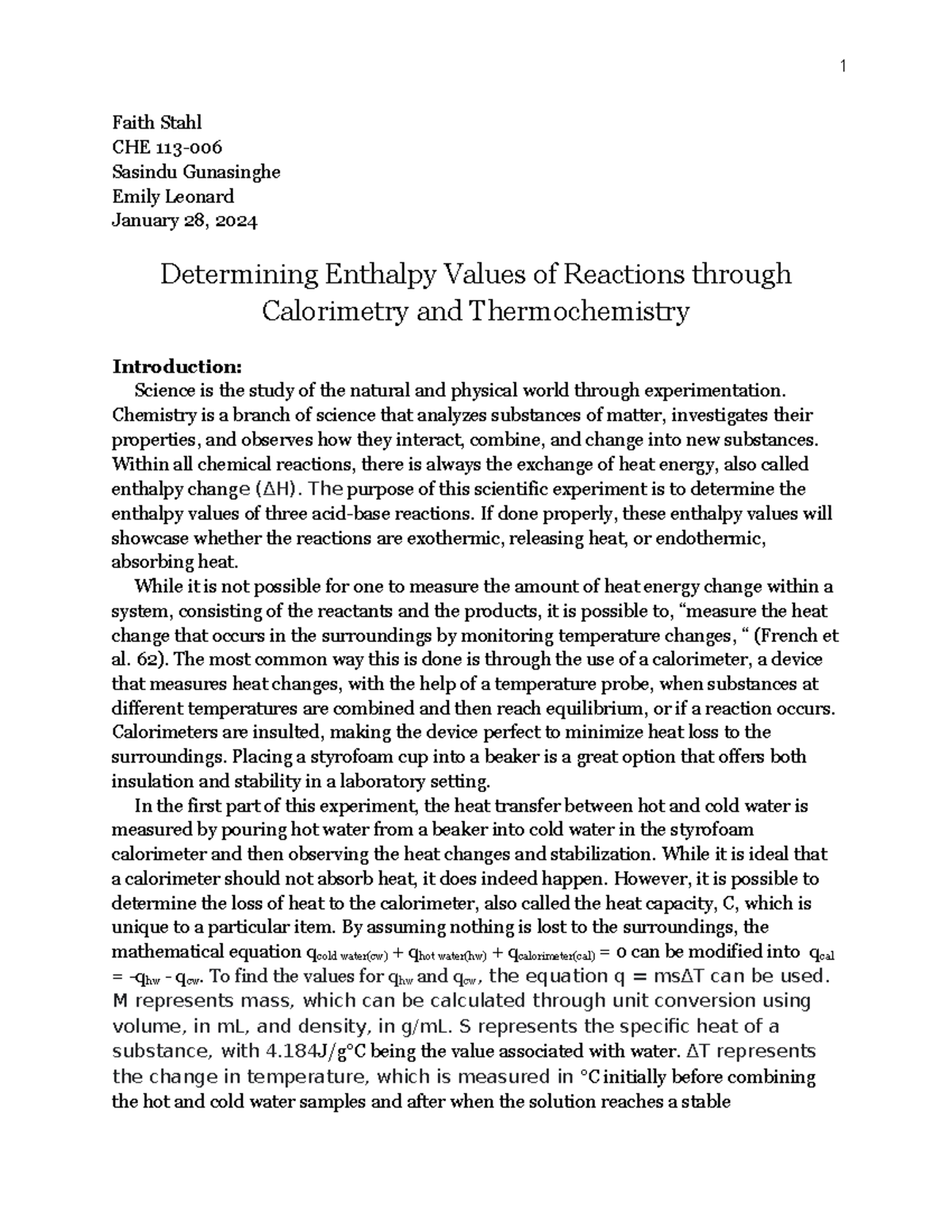 11 stahl faith - Experiment 11 - Faith Stahl CHE 113- Sasindu ...