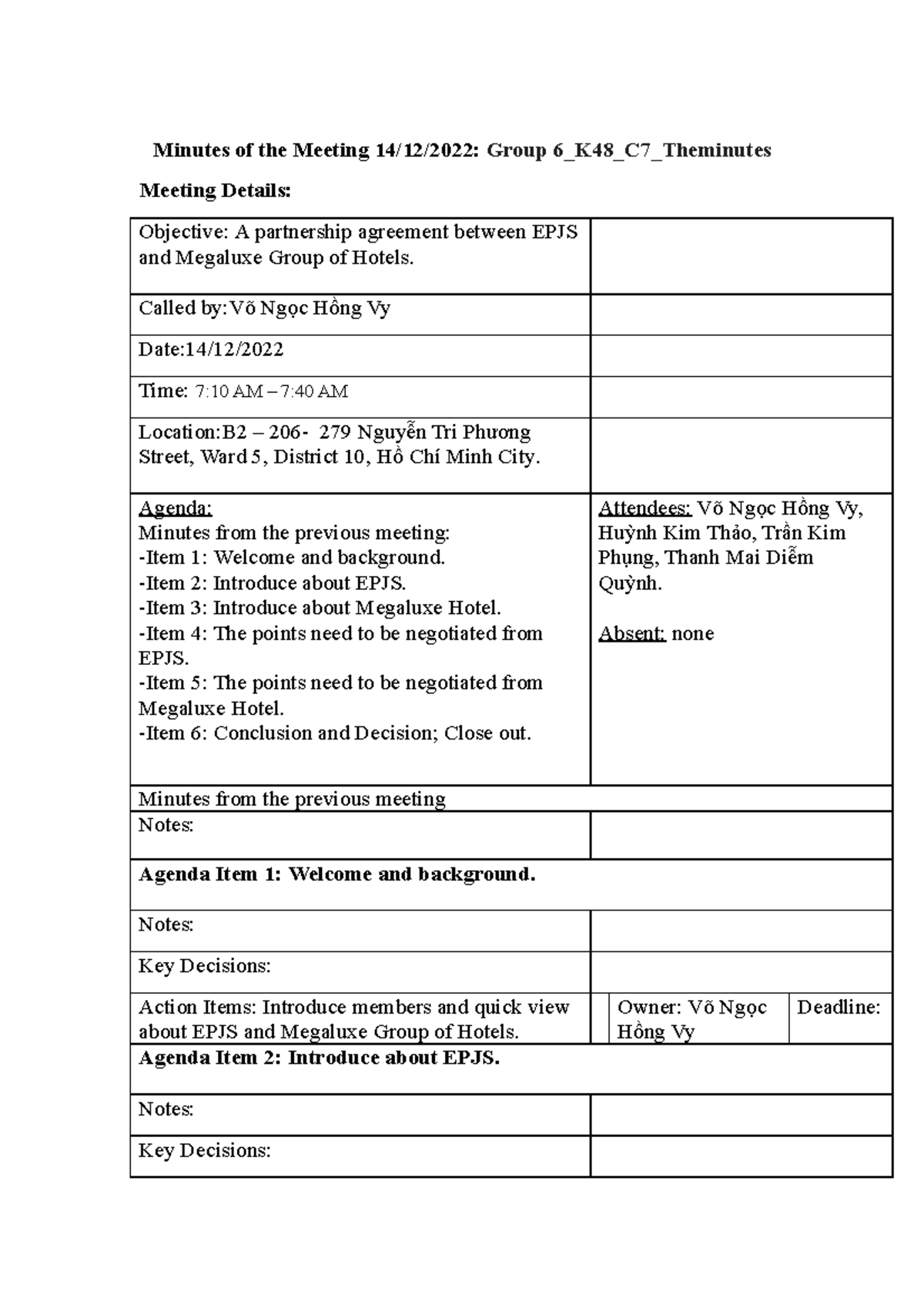 Minutes of the Meeting 2 - Called by:Võ Ngọc Hồng Vy Date:14/12/ Time ...