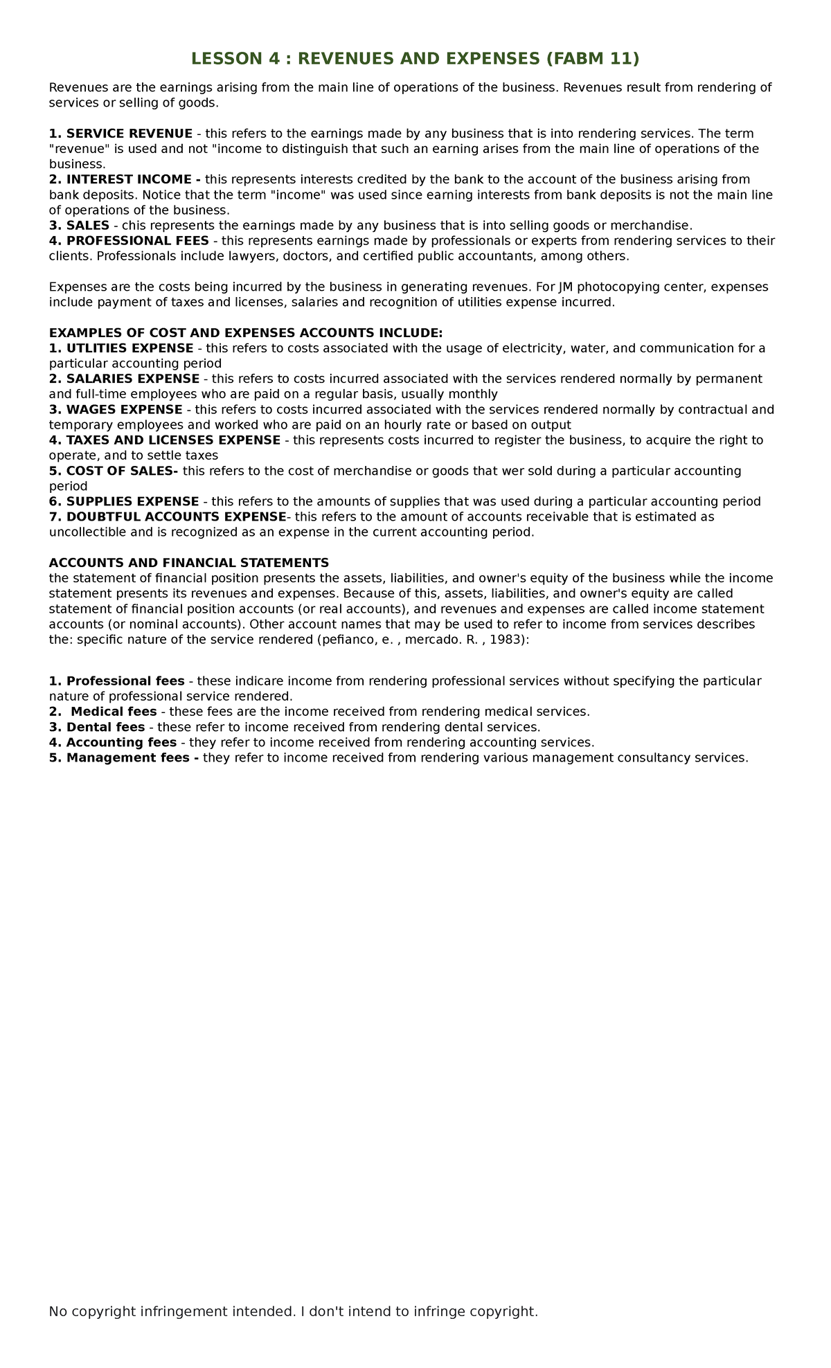 Fundamentals of Business and Accountancy (FABM11) - LESSON 4 : REVENUES ...