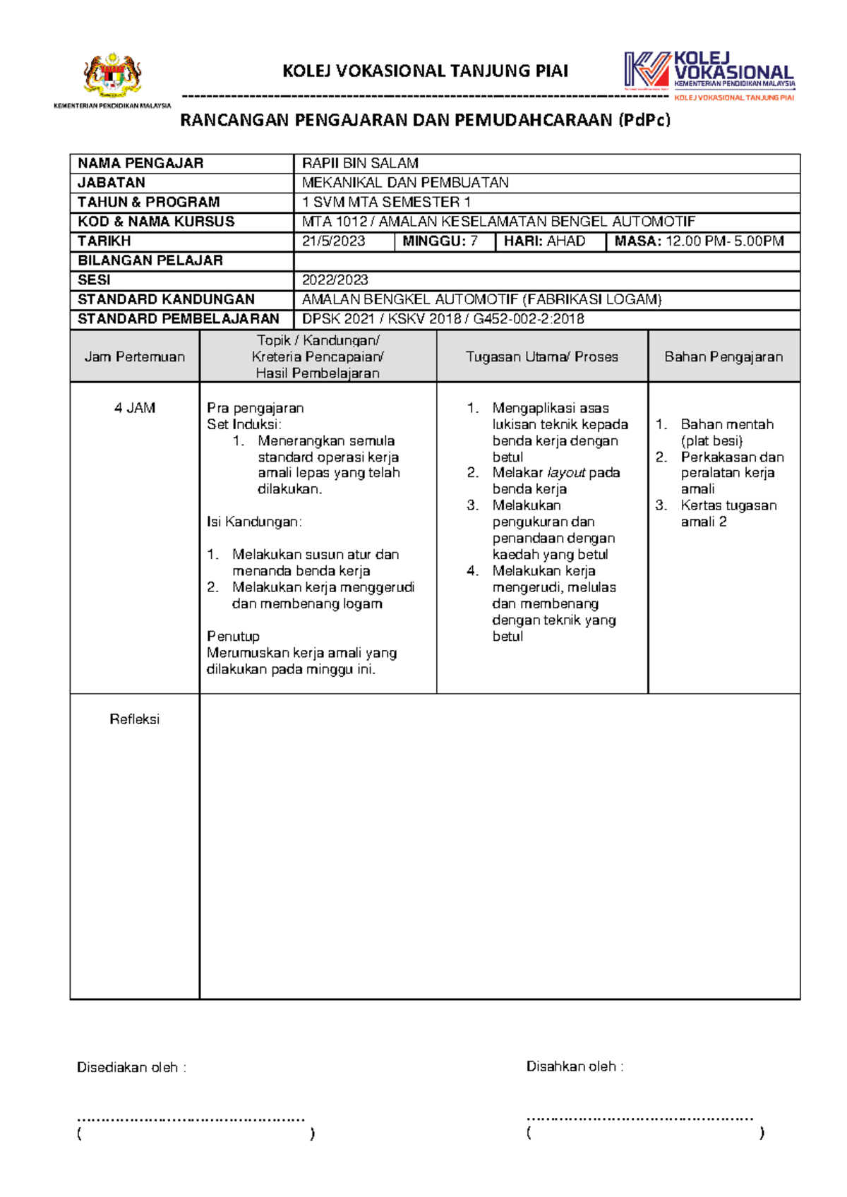 RPH MTA 1012 M7 - contoh rph - KOLEJ VOKASIONAL TANJUNG PIAI ...