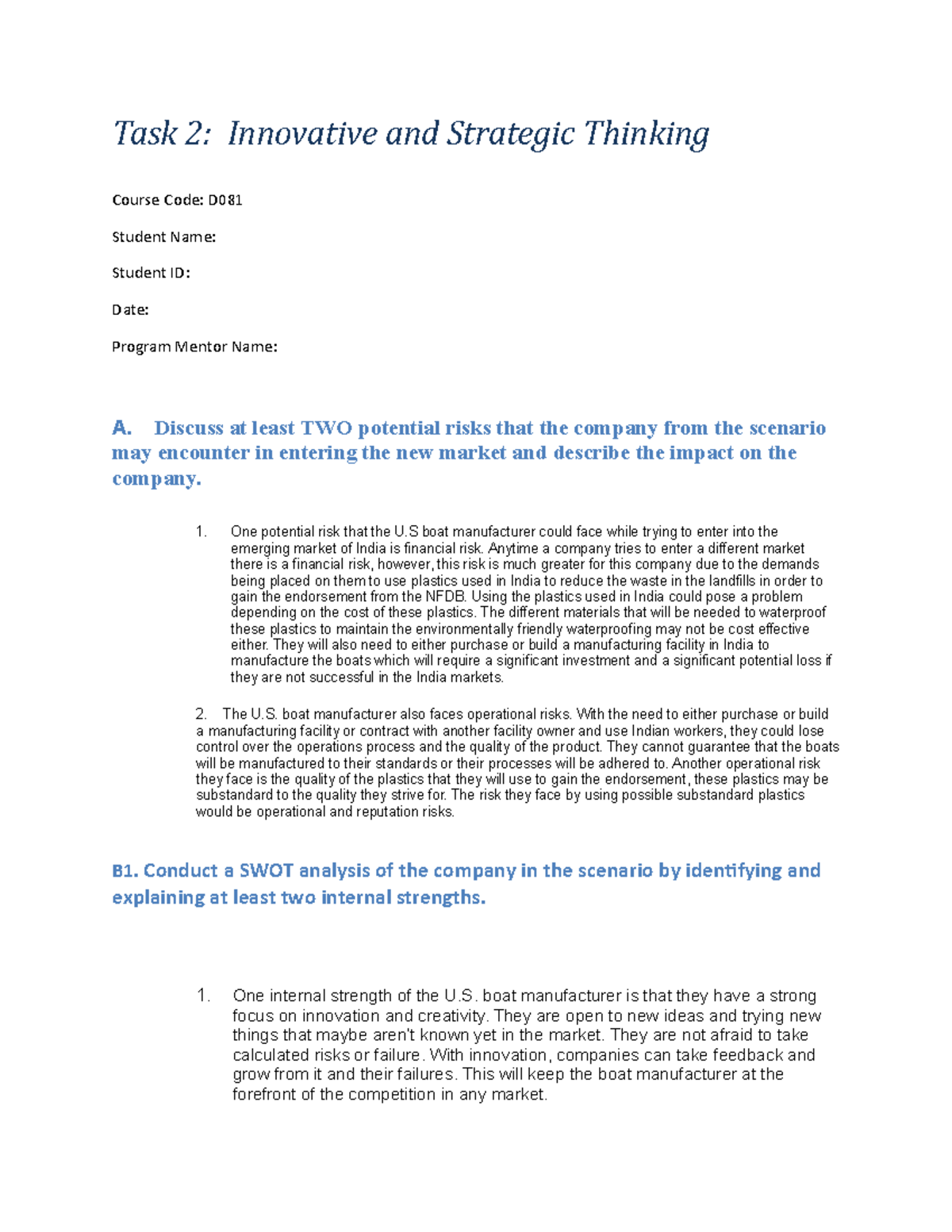 Innov and strategic thinking task 2 - Task 2: Innovative and Strategic ...