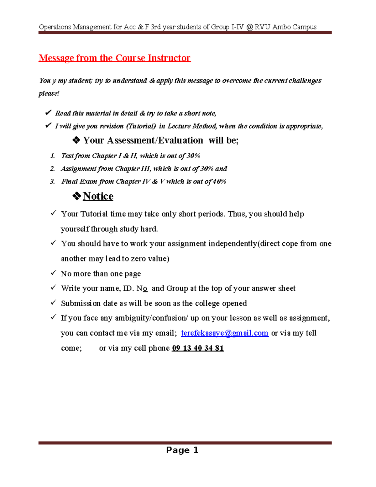 OM CH 1 - practical - Message from the Course Instructor You y my ...