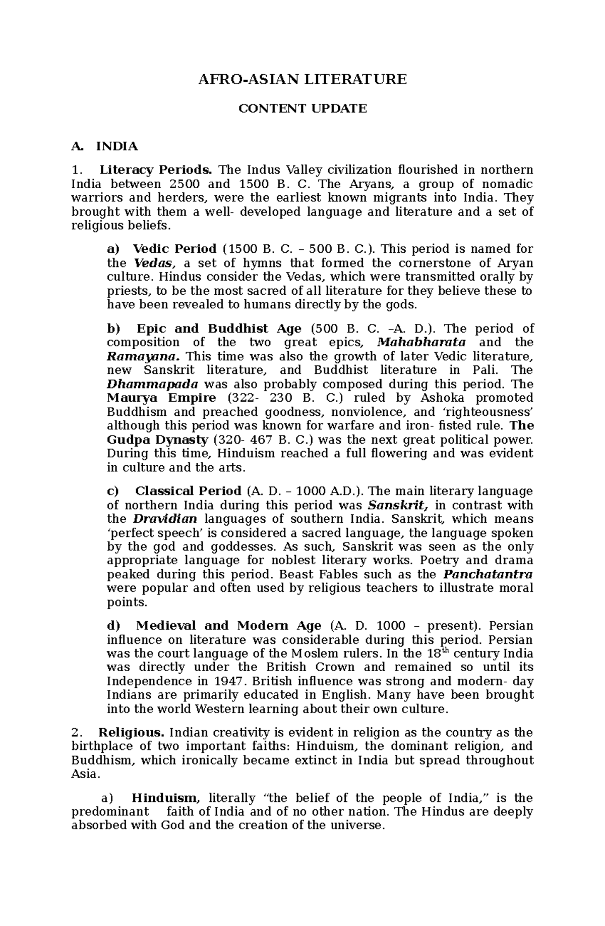 Refresher Course Afro Asian Literature - AFRO-ASIAN LITERATURE CONTENT ...