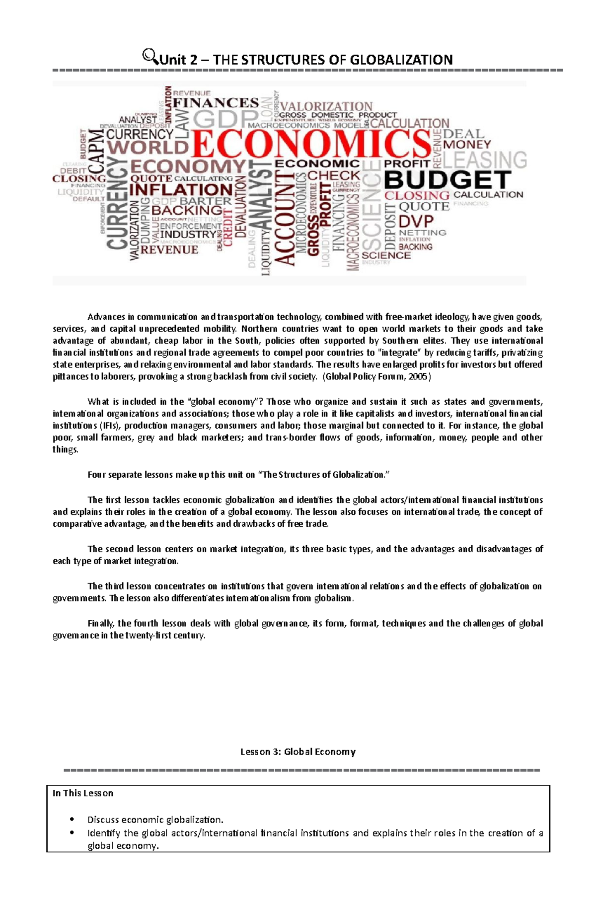 GE World WEEK 3-5 - Unit 2 – THE STRUCTURES OF GLOBALIZATION - Unit 2 – THE STRUCTURES OF - Studocu